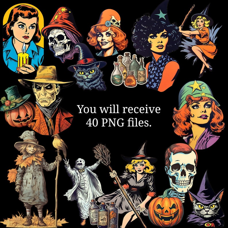 Retro Halloween Digital Collage Pack PNG Witches Pumpkins Vintage ...