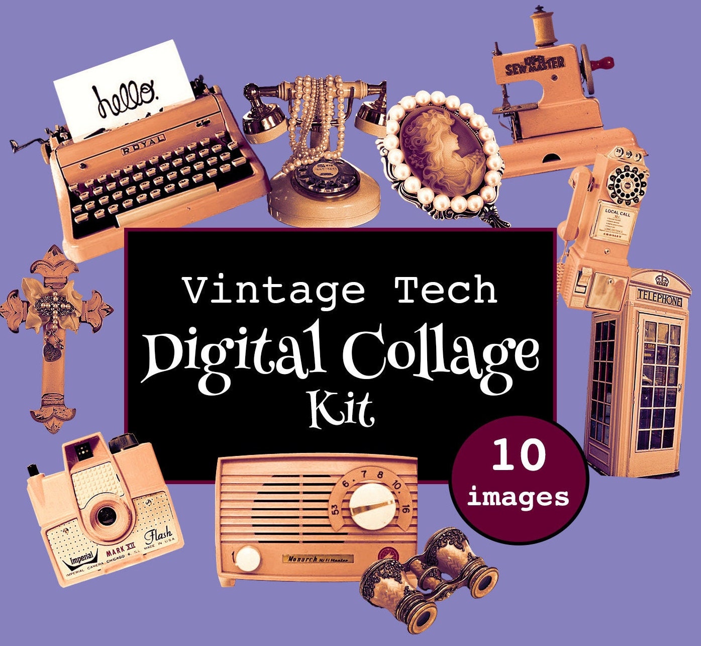 Vintage Digital Collage Pack Retro Technology, Typewriter, Camera ...