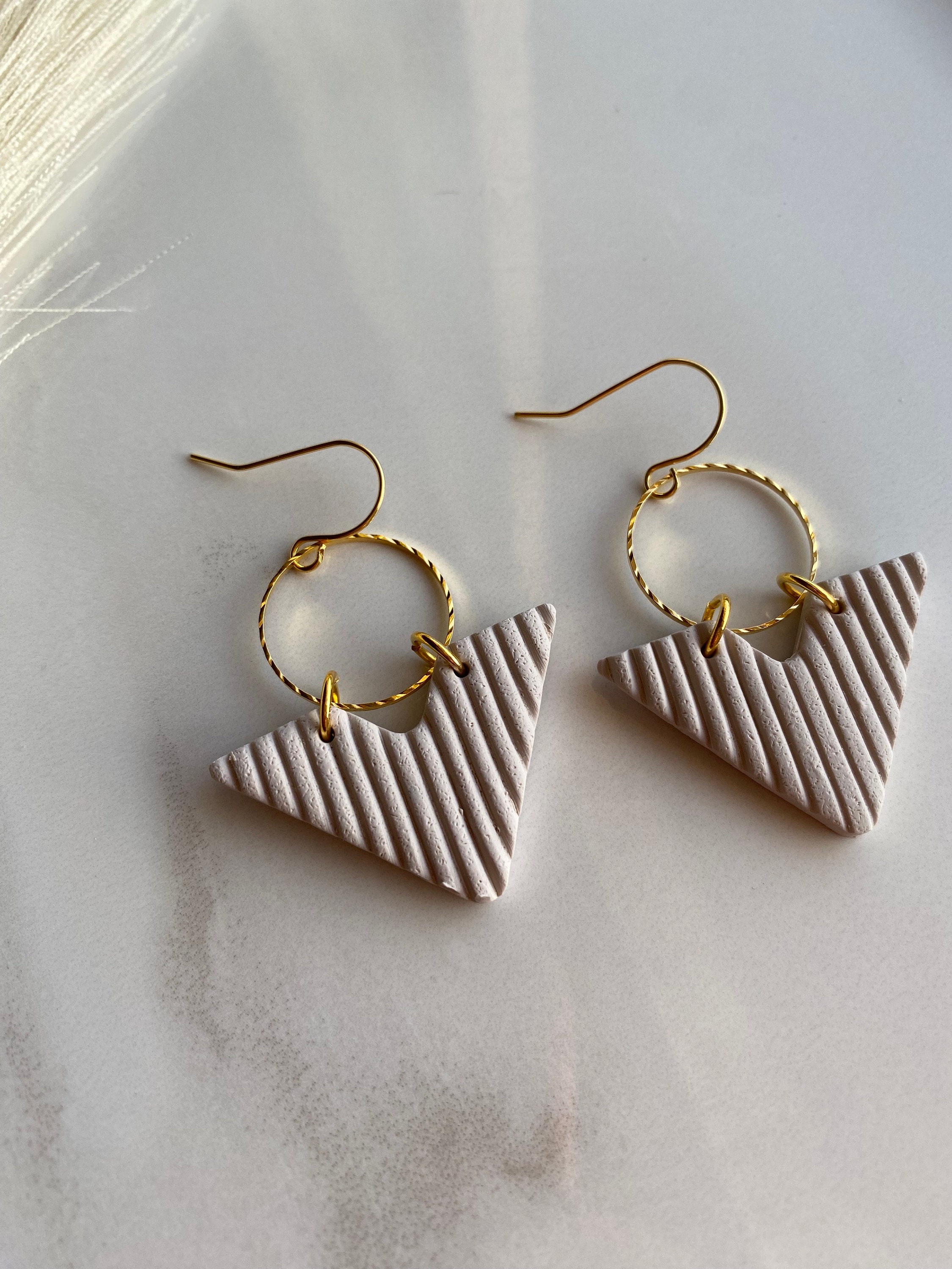 Handmade Polymer Clay Earrings Neutral and Gold Dangle Earrings Ribbed ...