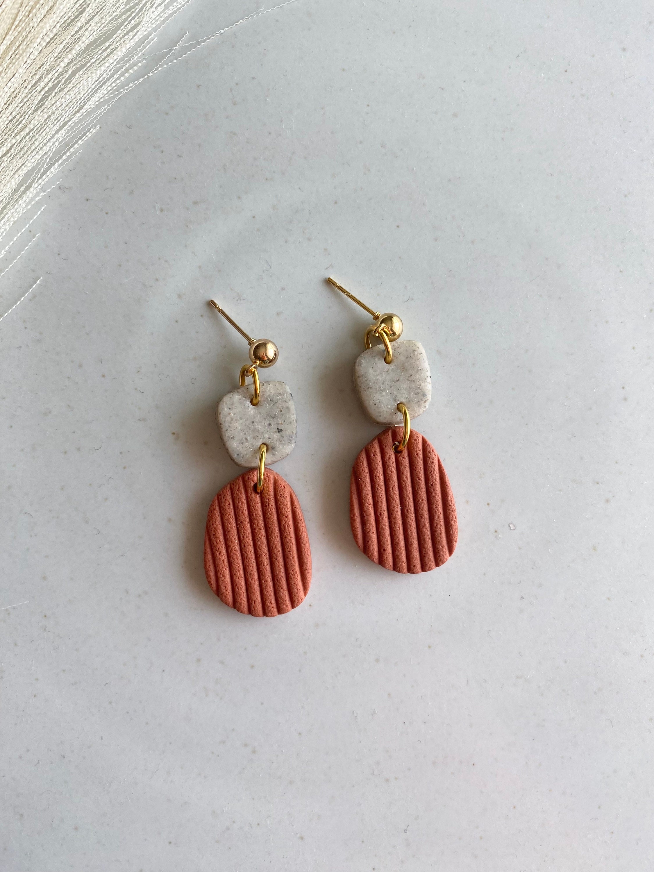 Handmade Polymer Clay Earrings Ribbed Texture Earrings Boho Gold and ...