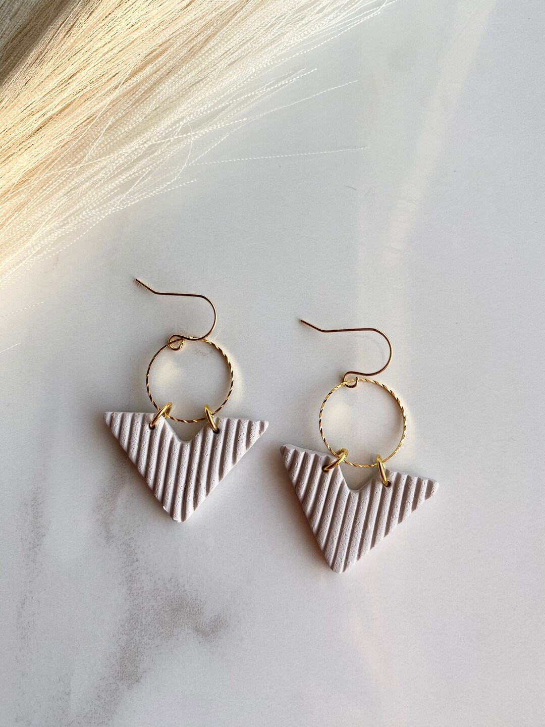 Handmade Polymer Clay Earrings Neutral and Gold Dangle Earrings Ribbed Texture Dangle Earrings ...