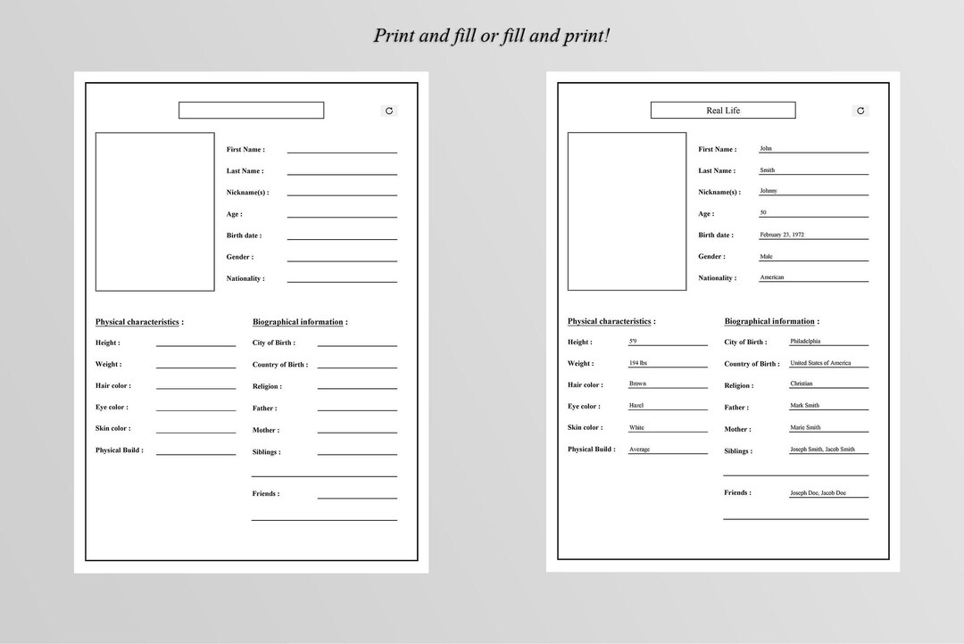 Basic Character Creation Form for Writers - Etsy