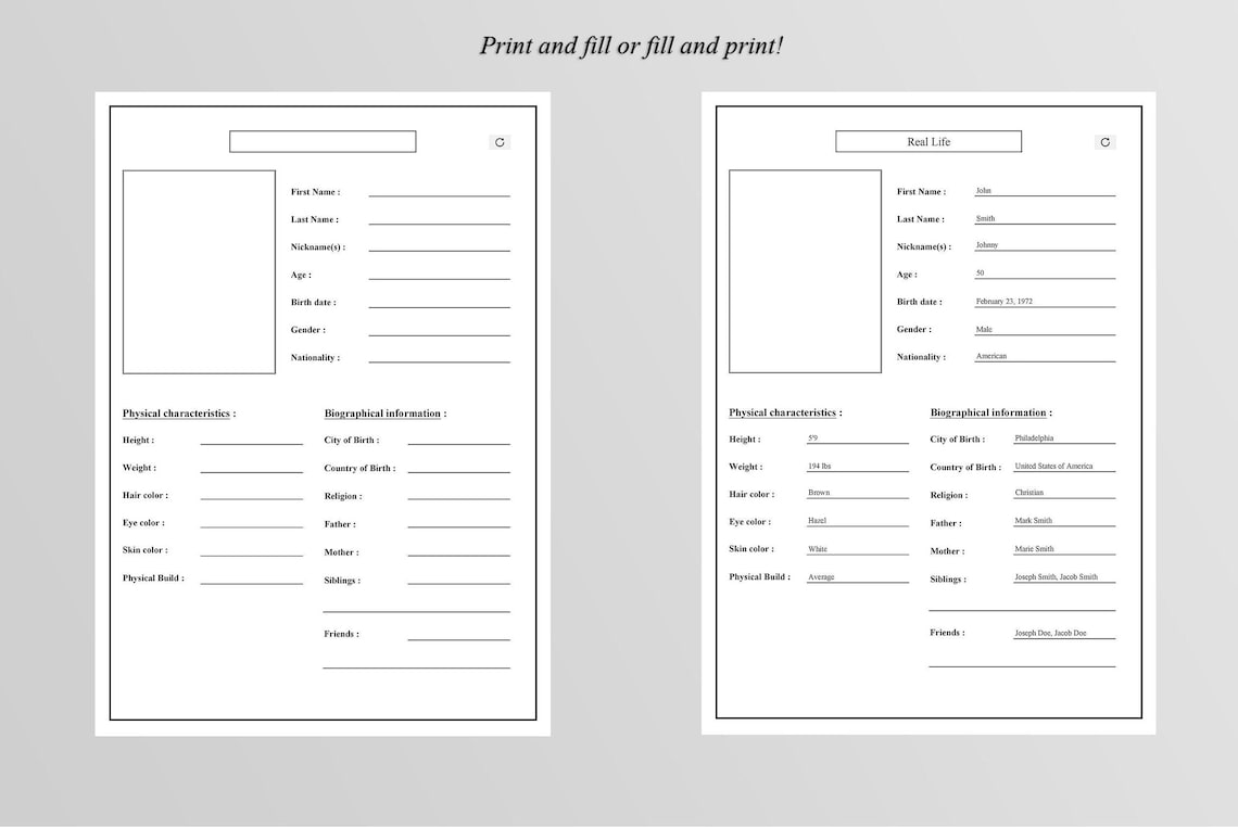 Basic Character Creation Form for Writers - Etsy