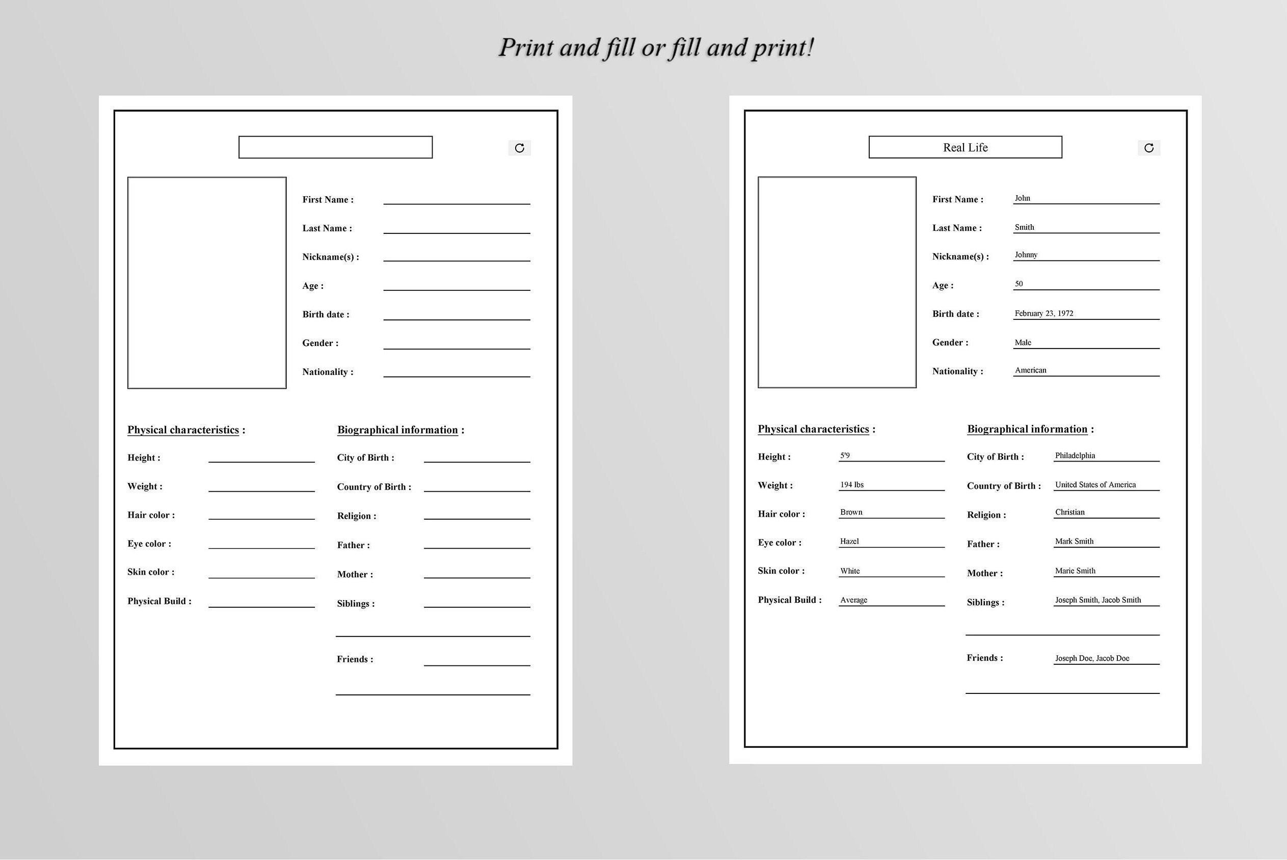 Basic Character Creation Form for Writers - Etsy
