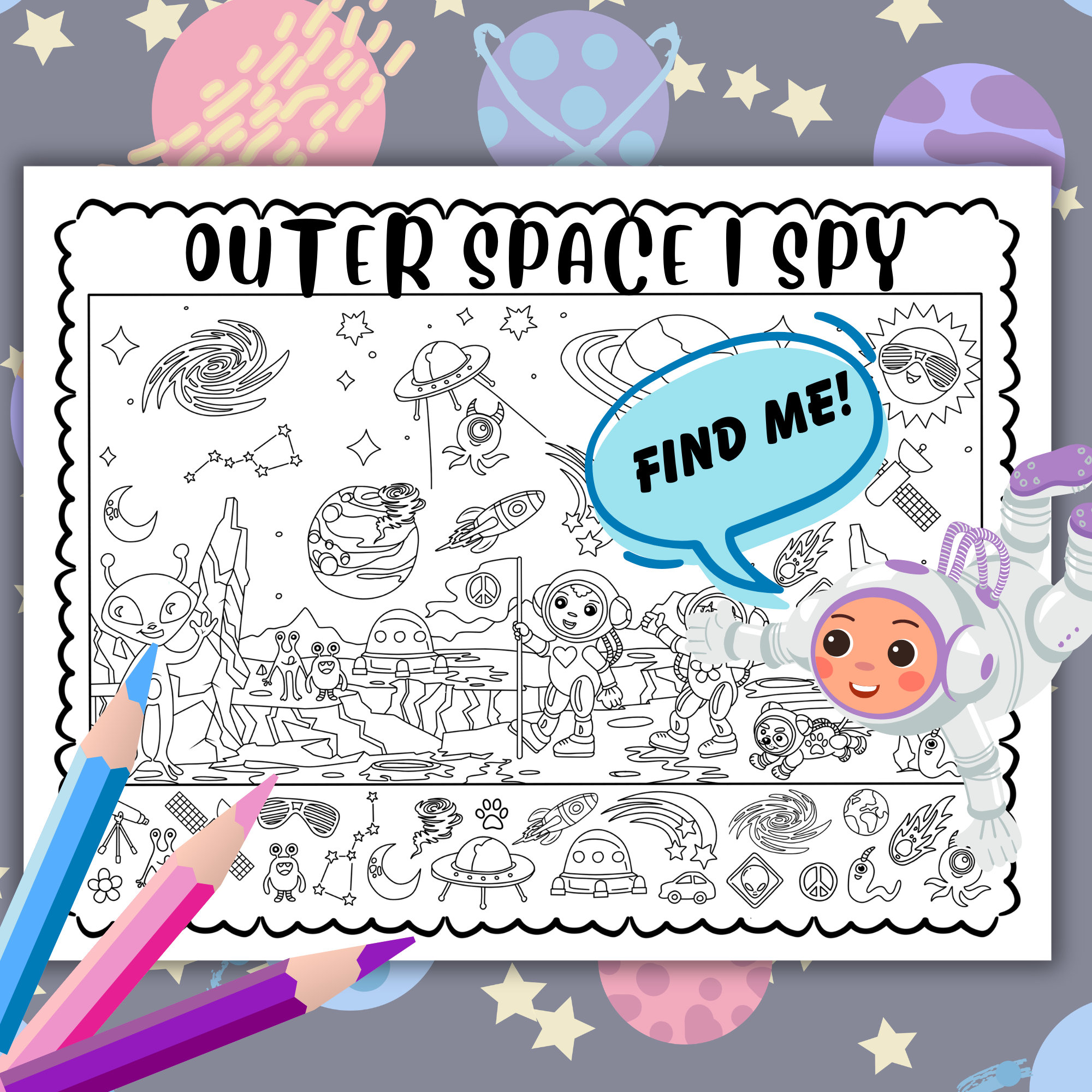 Space Alien Coloring Page for Kids (I Spy) Digital & Printable - Etsy