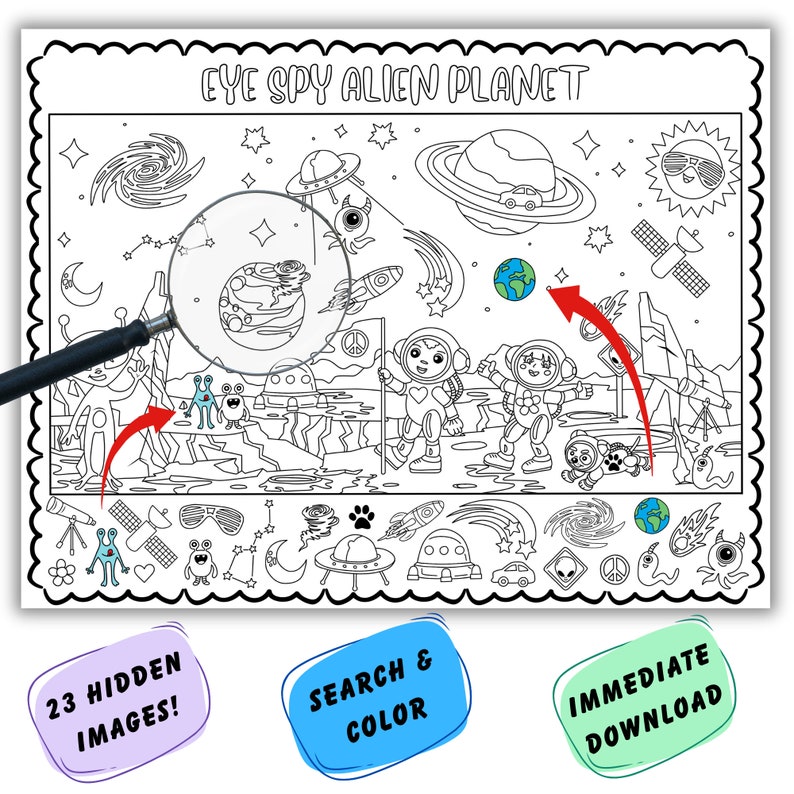Space Alien Coloring Page for Kids (I Spy) Digital & Printable - Etsy