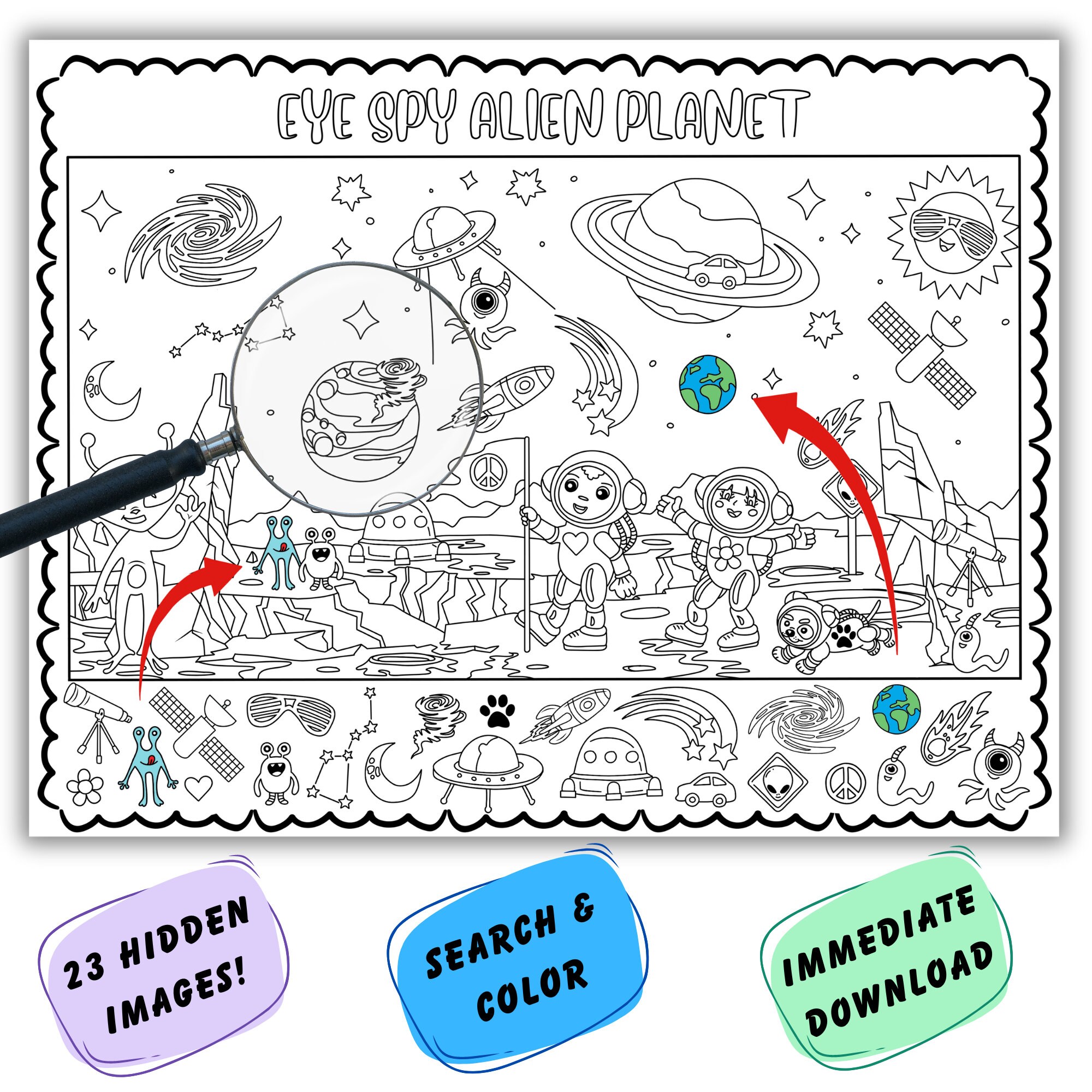 Space Alien Coloring Page for Kids (I Spy) Digital & Printable - Etsy