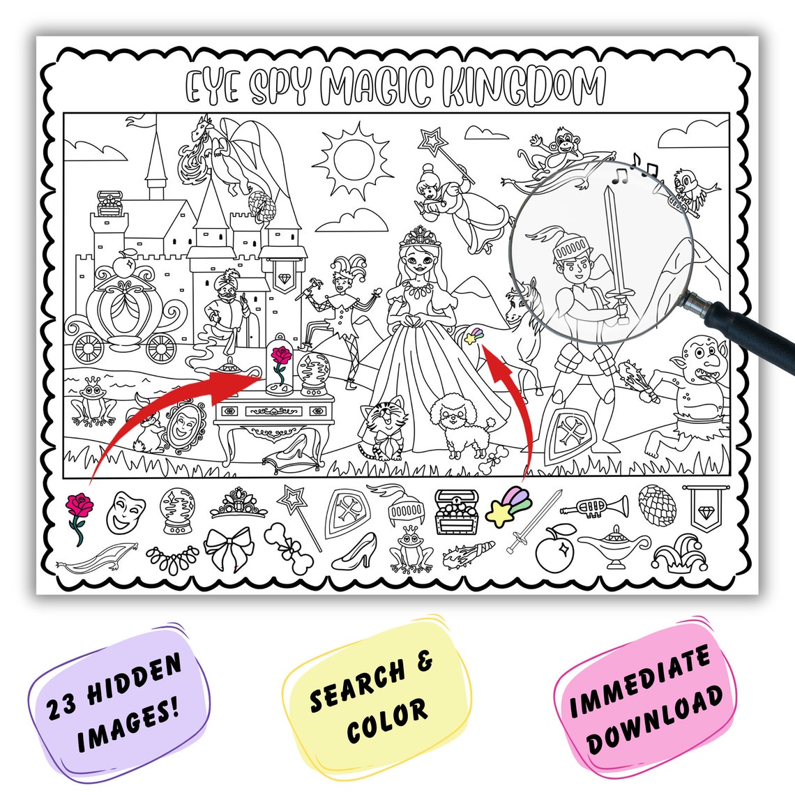 Princess Coloring Page for Kids (I Spy) Digital & Printable - Etsy