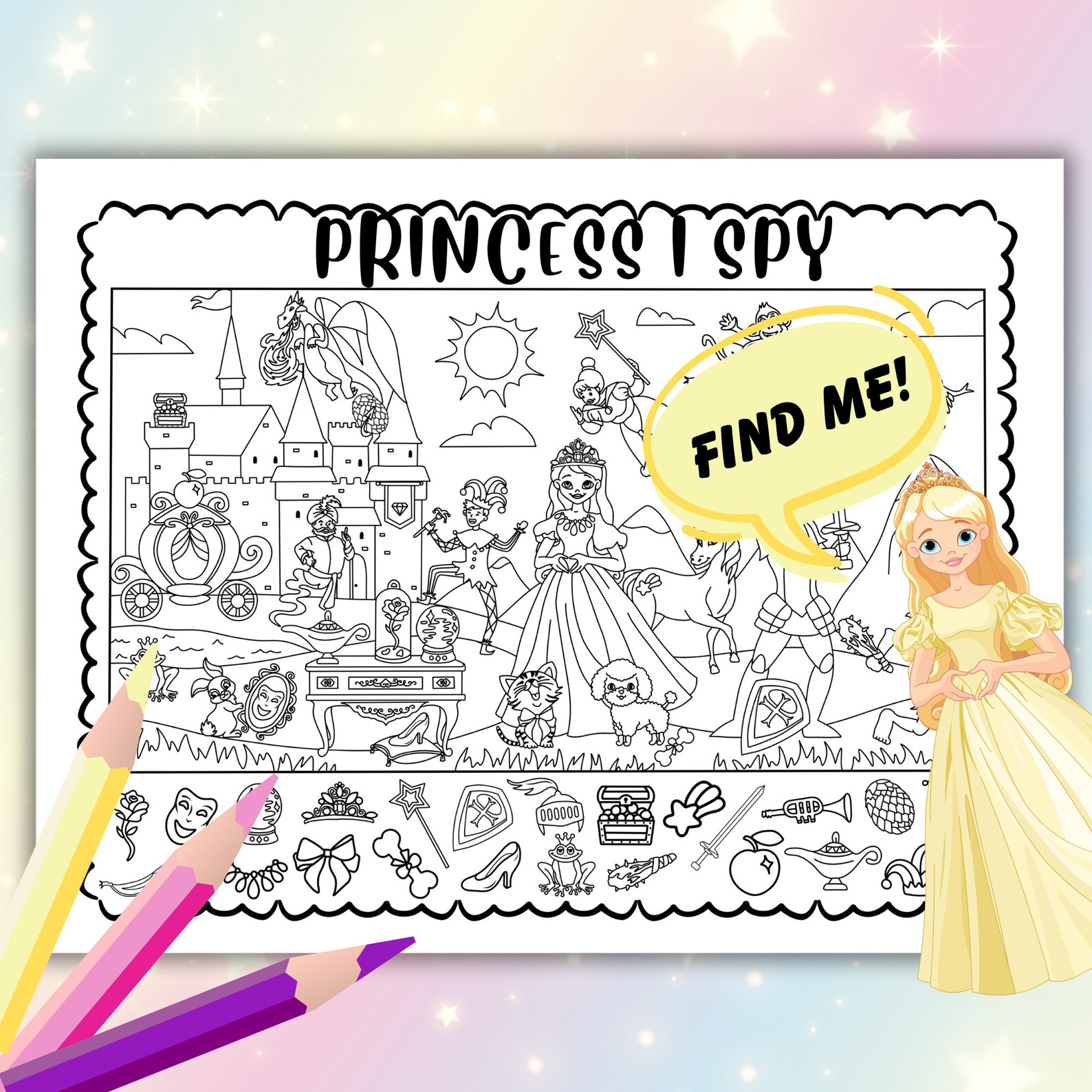 Princess Coloring Page for Kids (I Spy) Digital & Printable - Etsy