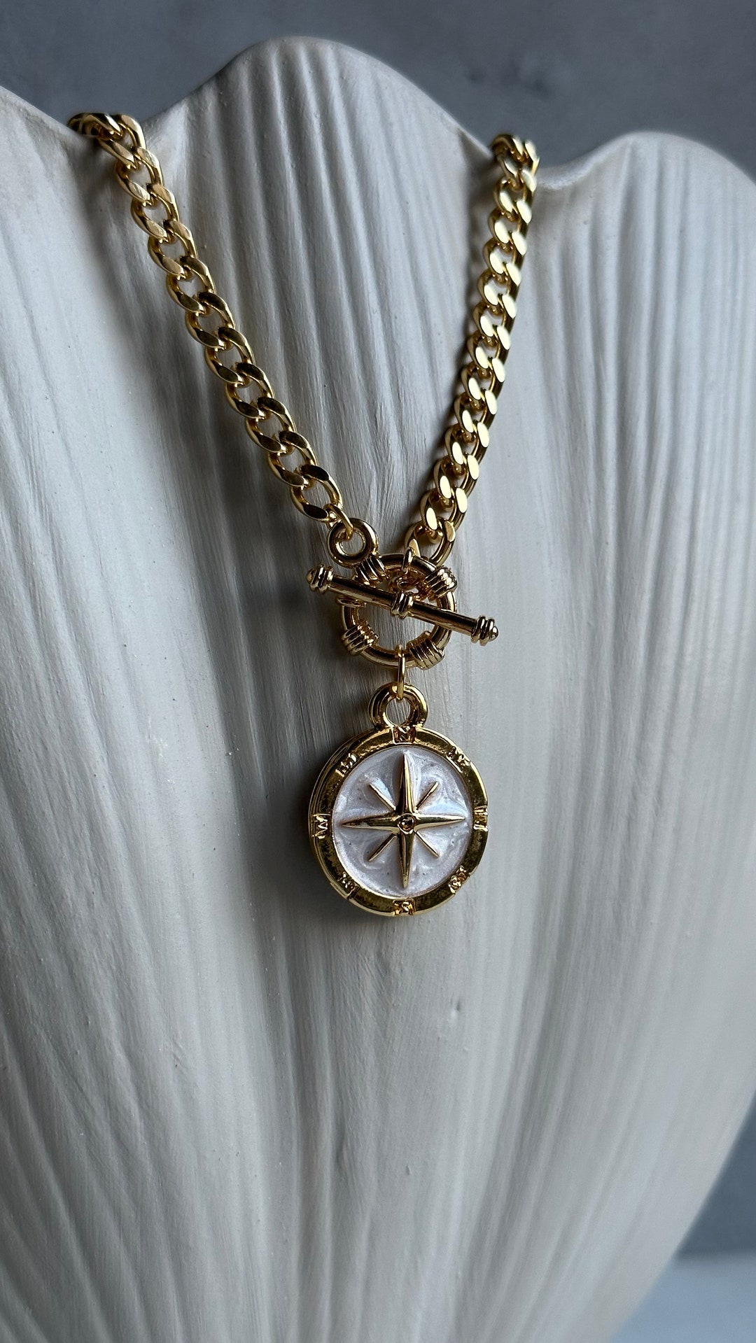 Gold Compass Medallion Pendant, Statement Toggle Clasp Necklace, Gold ...