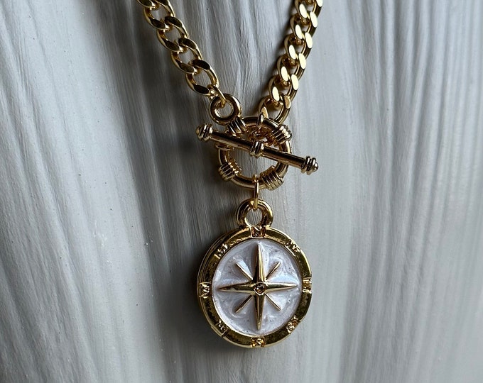Gold Compass Medallion Pendant, Statement Toggle Clasp Necklace, Gold ...