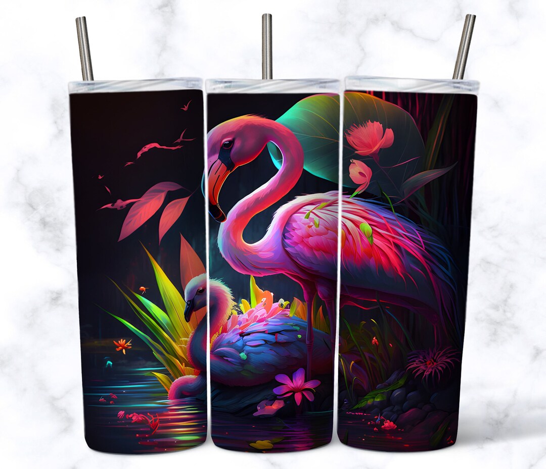 Rainbow Flamingo With Orchids Neon 20 Oz Skinny Tumbler Sublimation ...
