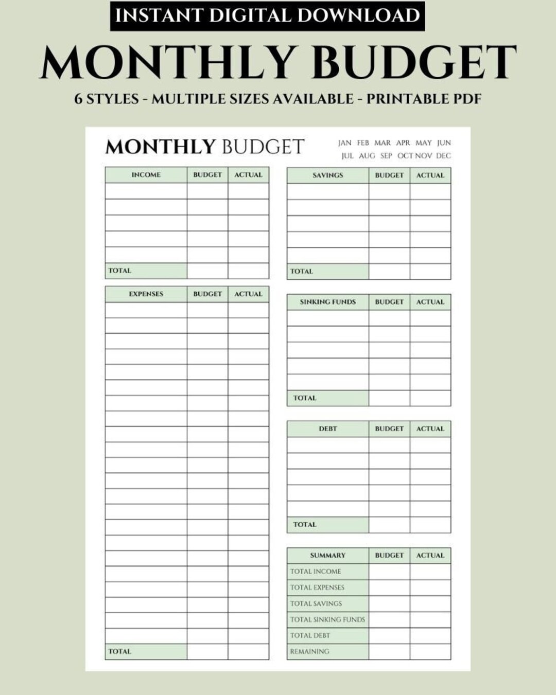 MONTHLY Budget Overview Template Printable, Budget Binder, Budget ...