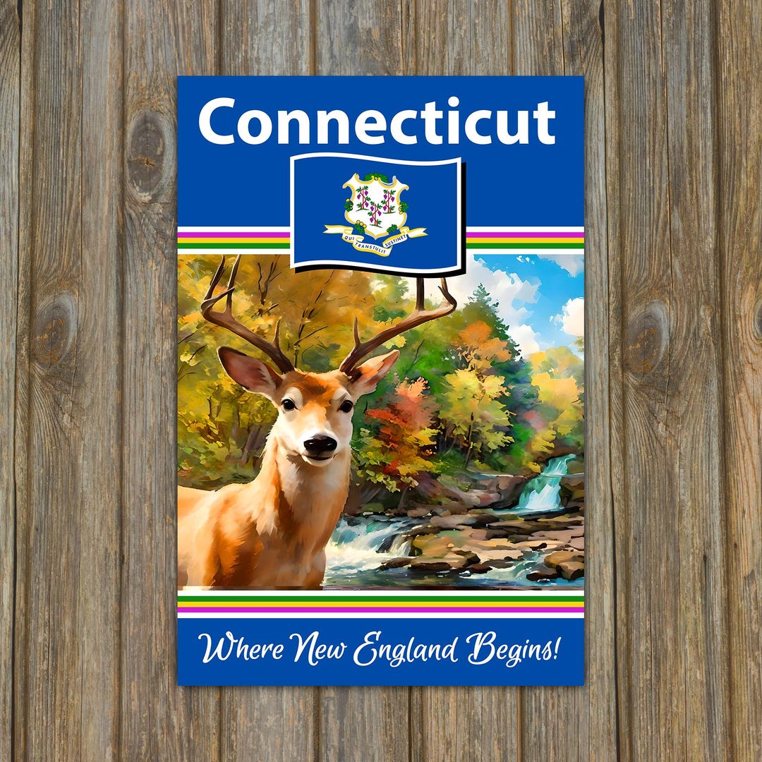 Connecticut Poster, New England Art Print With Deer Art, Connecticut ...