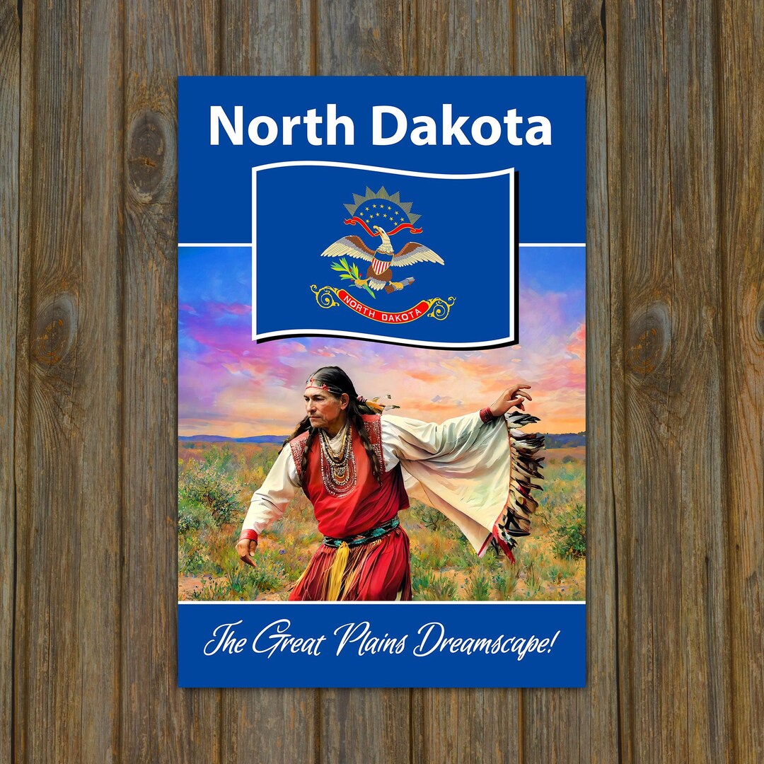 North Dakota Travel Poster With Sioux Nation Lakota Dancer, Great ...