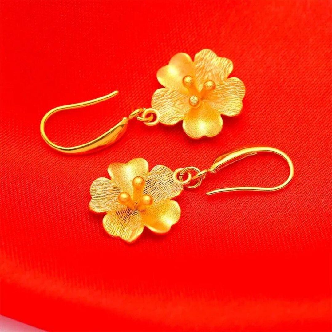 Genuine 18k Gold Color Flower Long Drop Earring for Women Bride Wedding ...