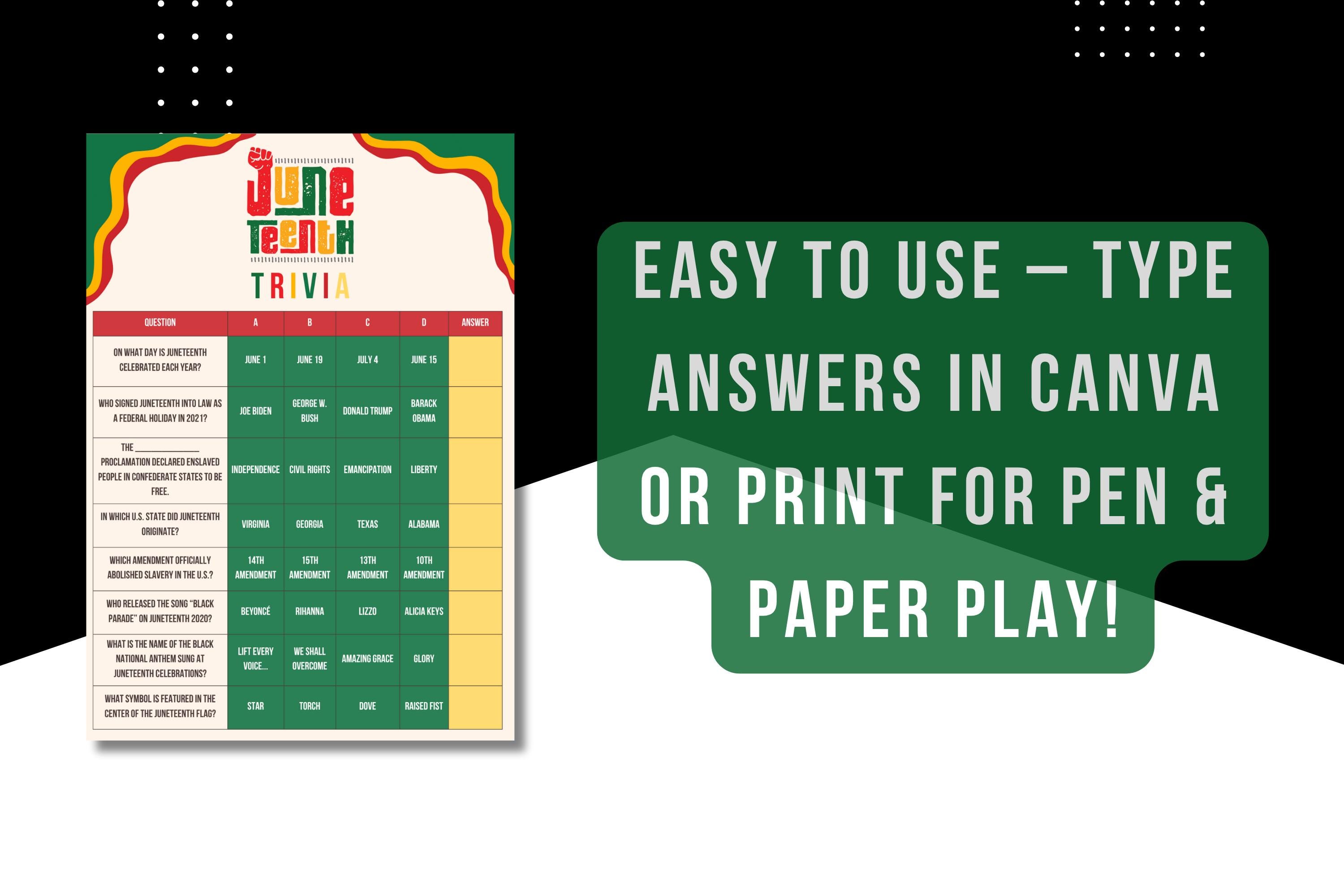 Juneteenth Trivia Game – Printable Black History Quiz | 32 Multiple ...