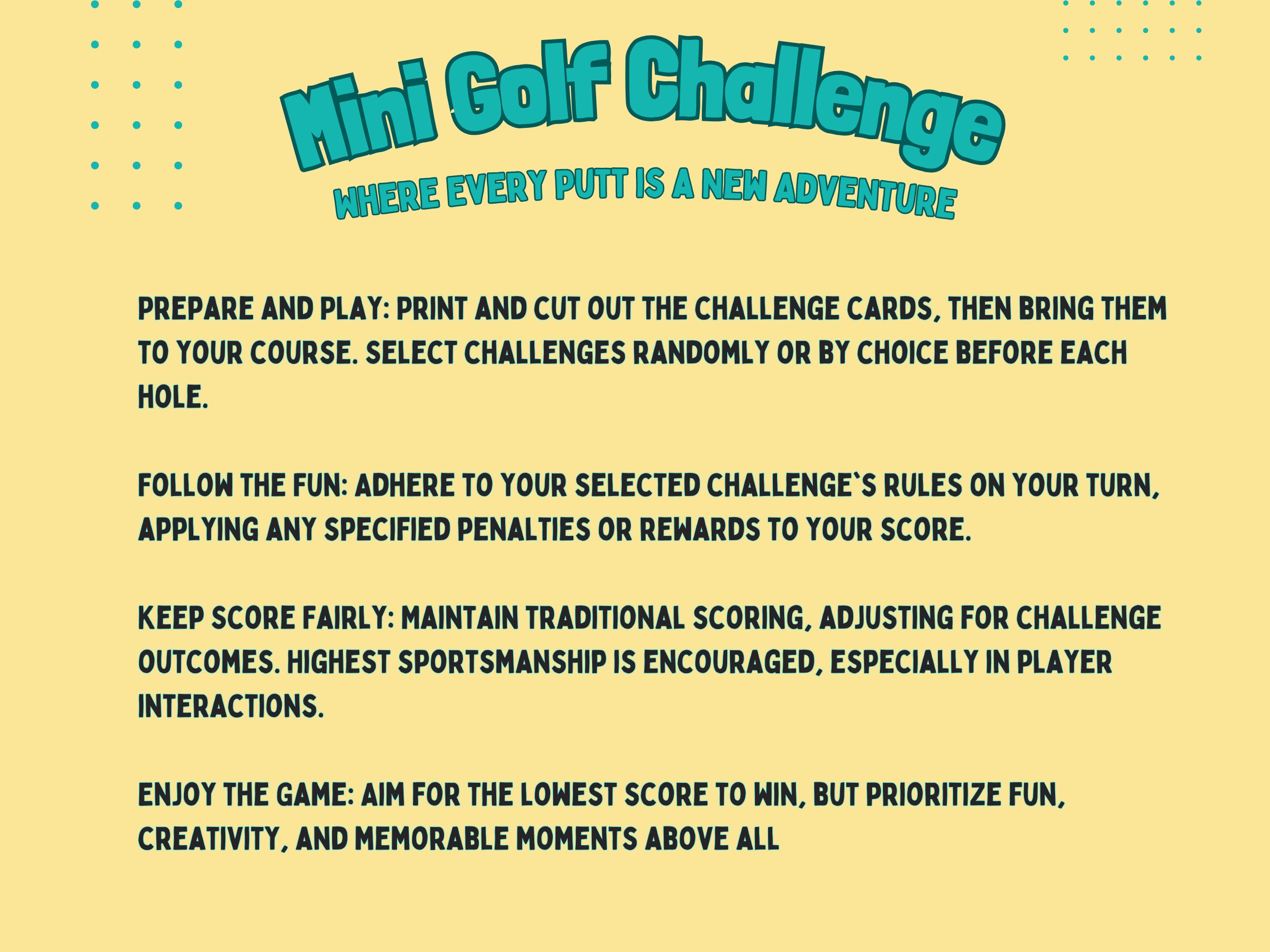 Instant Download, Mini Golf Challenge Cards - Fun Family Game, Outdoor ...