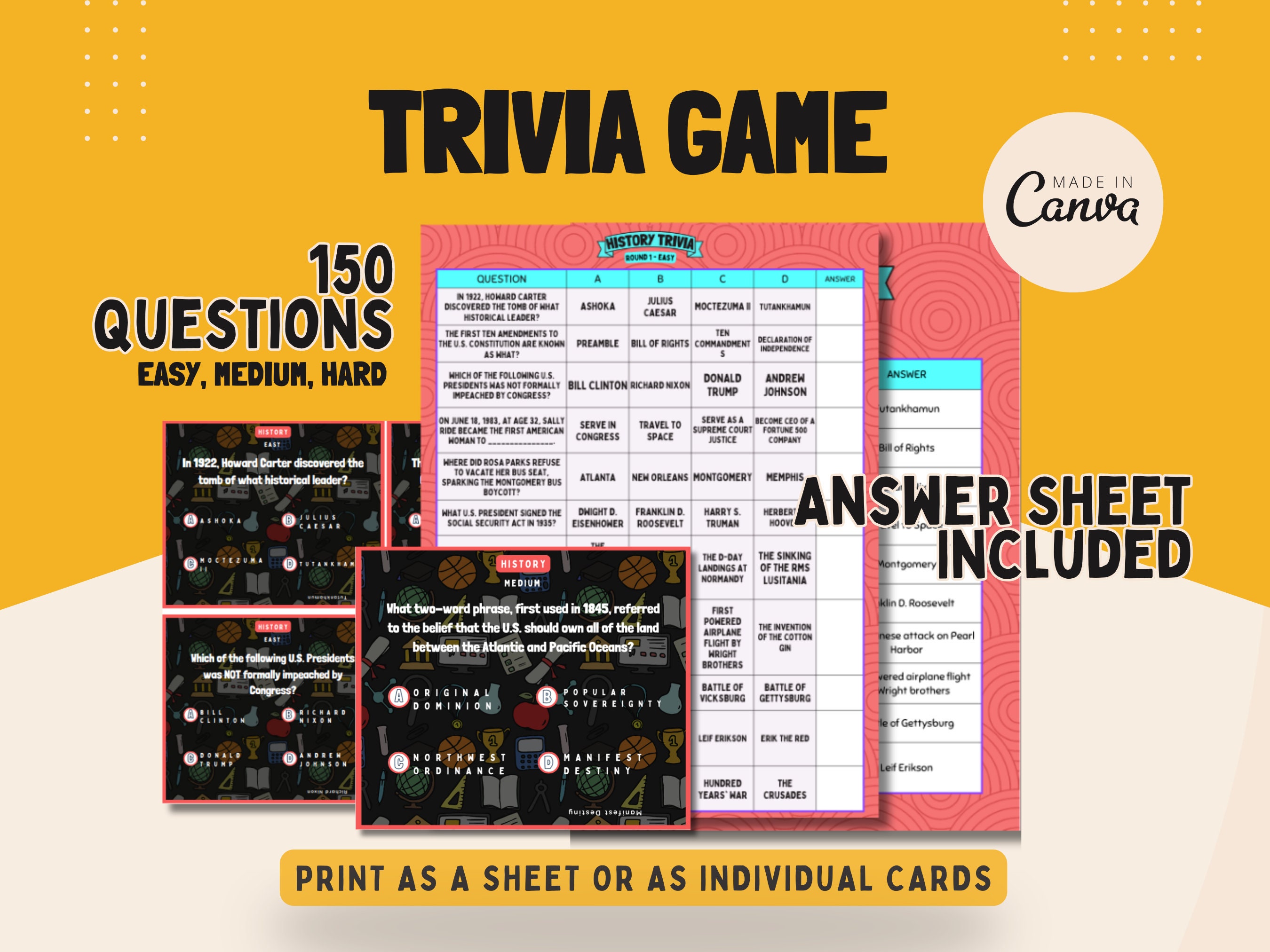 5 Pack Printable, Instant Download, at Home Trivia Pack, 5 Different ...