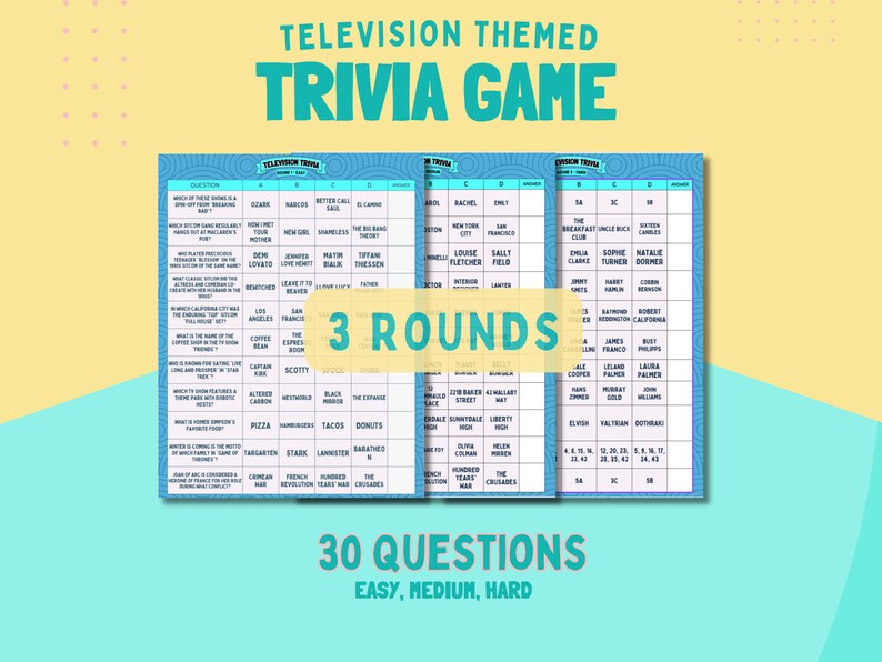 Instant Download TV Trivia Game, Pub Trivia Questions, Great for All ...