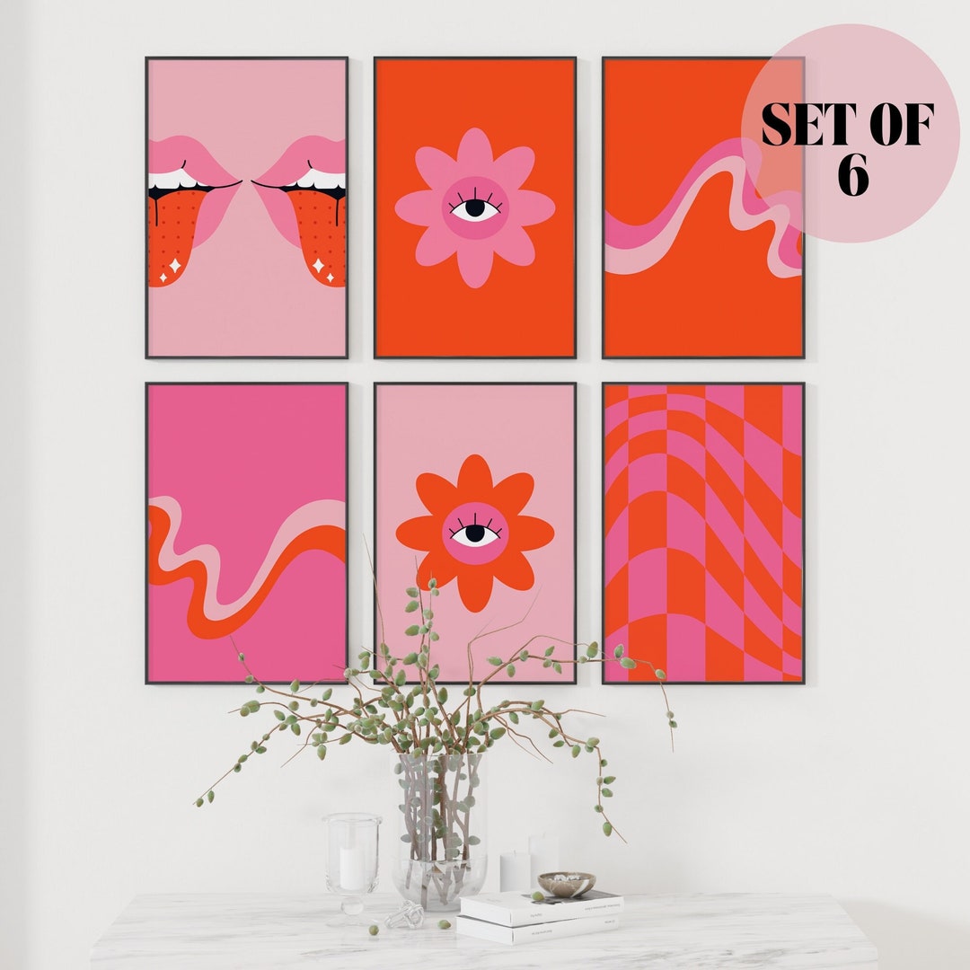 Retro Wall Art Set of 6. Retro Aesthetic Prints, Pink Retro Poster ...