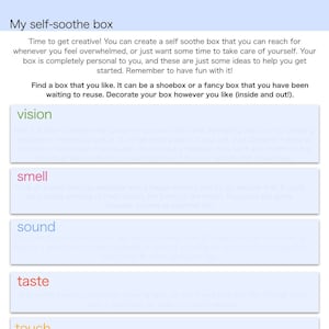Printable Grounding Exercise, DIY Self Soothe Box, DBT Exercises ...