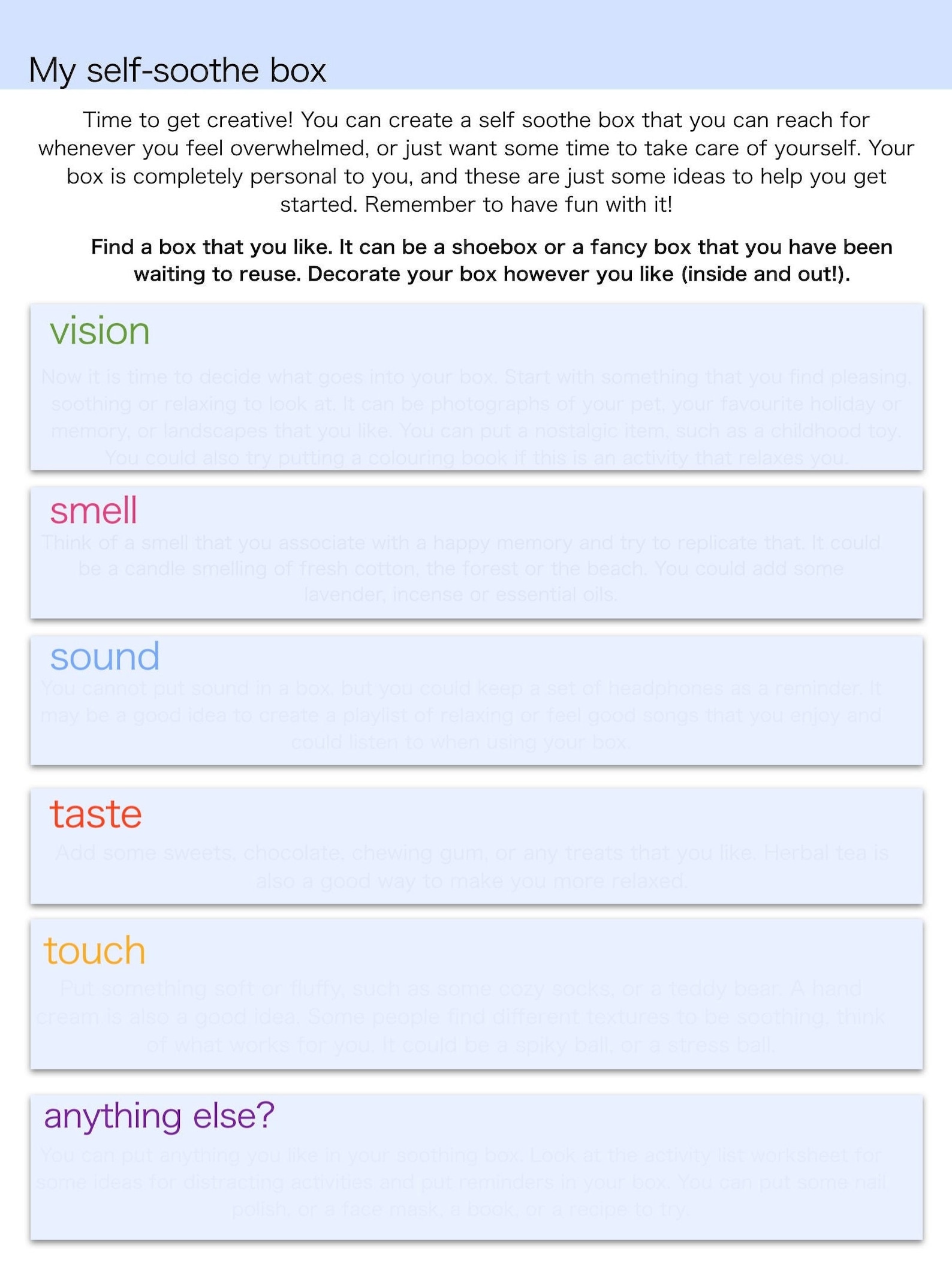 Printable Grounding Exercise, DIY Self Soothe Box, DBT Exercises ...