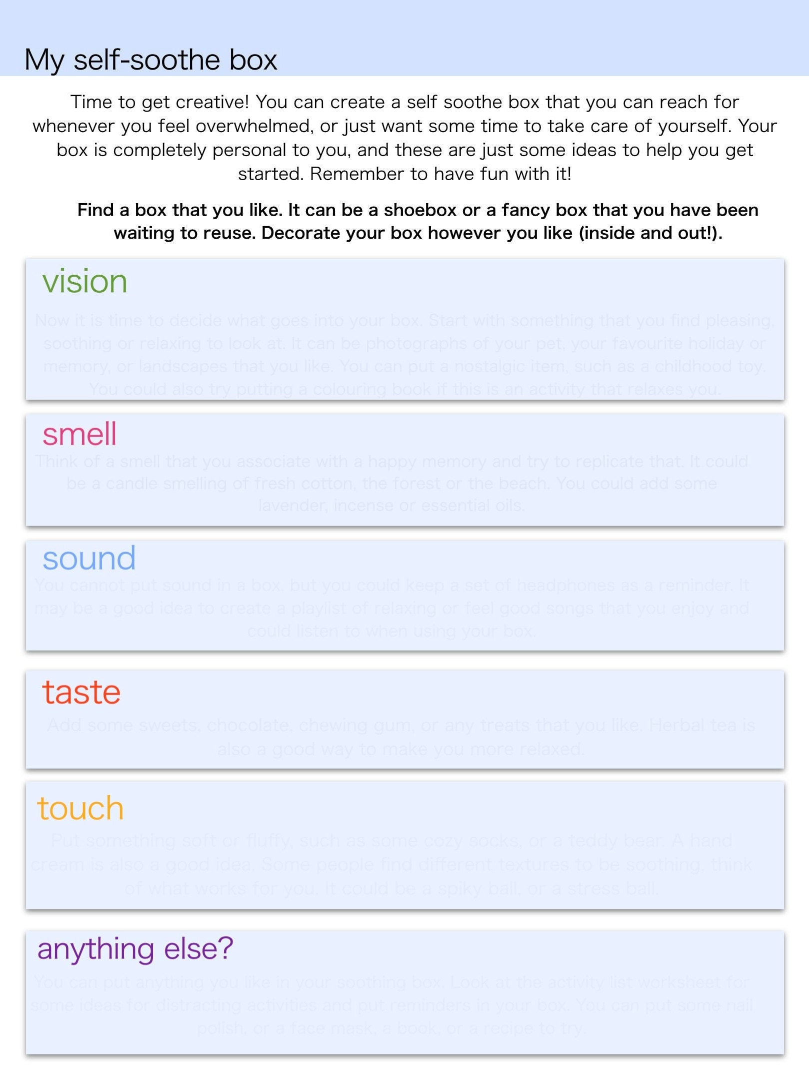 Printable Grounding Exercise, DIY Self Soothe Box, DBT Exercises ...