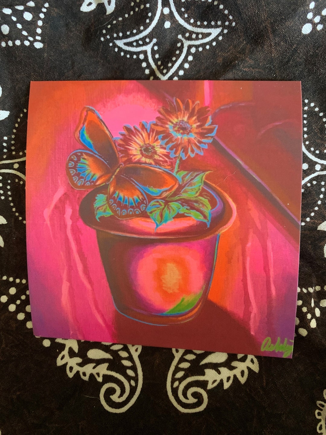 Neon Impressionist Butterfly Flower Plant Pot Acrylic Painting 4x4 Wall ...