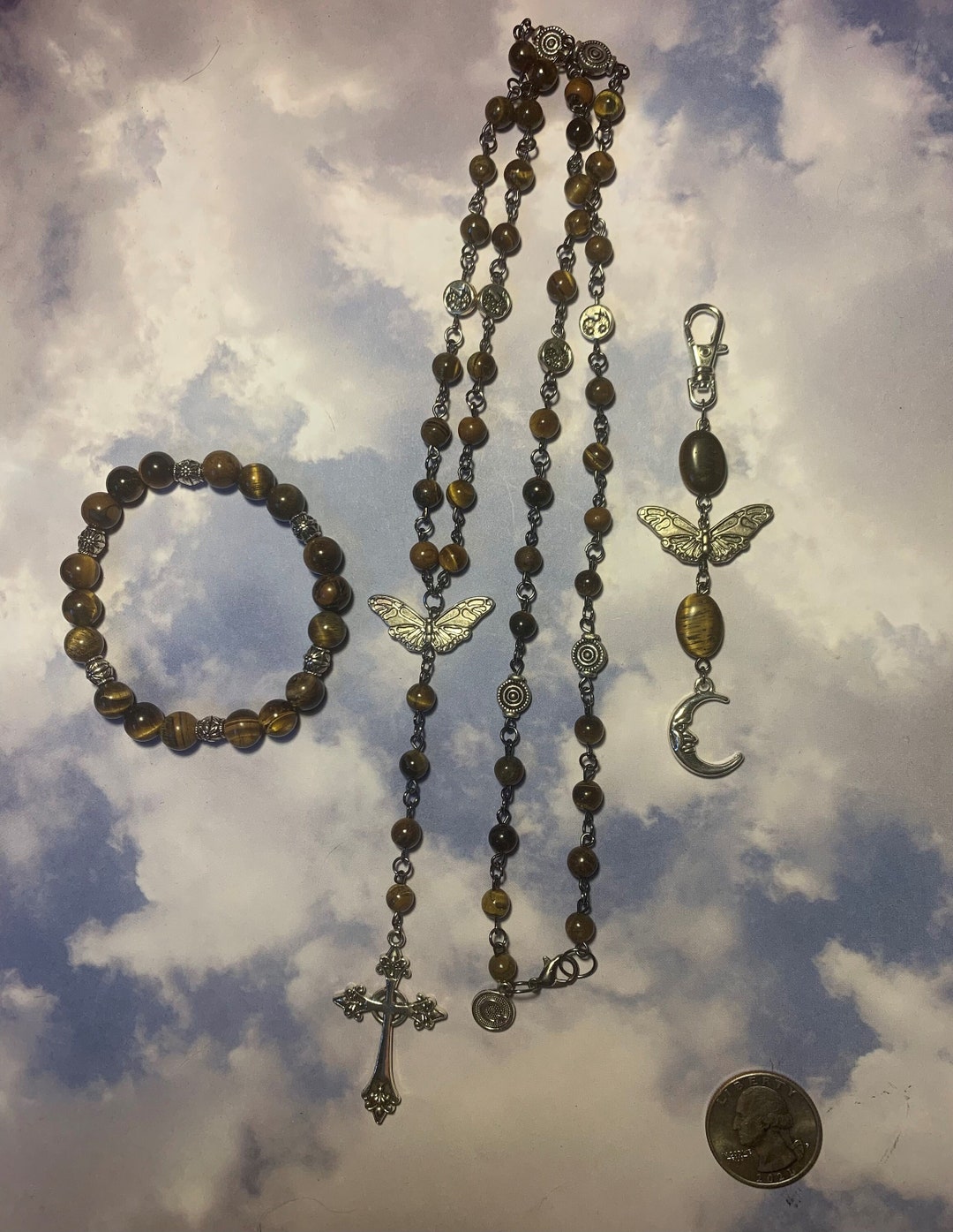 3 Piece Handmade Gothic Tiger's Eye Crystal Celestial Sun Moon Moth ...