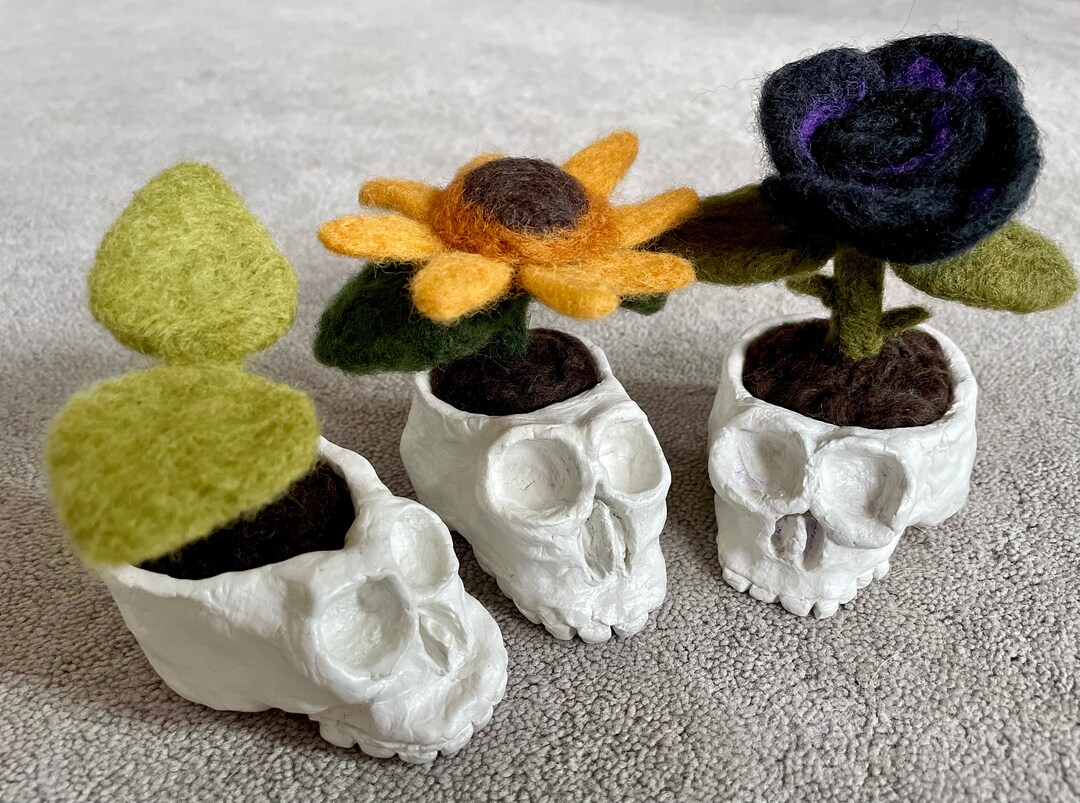 Handmade Clay Skull With Needle Felted Wool Plant, Sunflower, Black ...