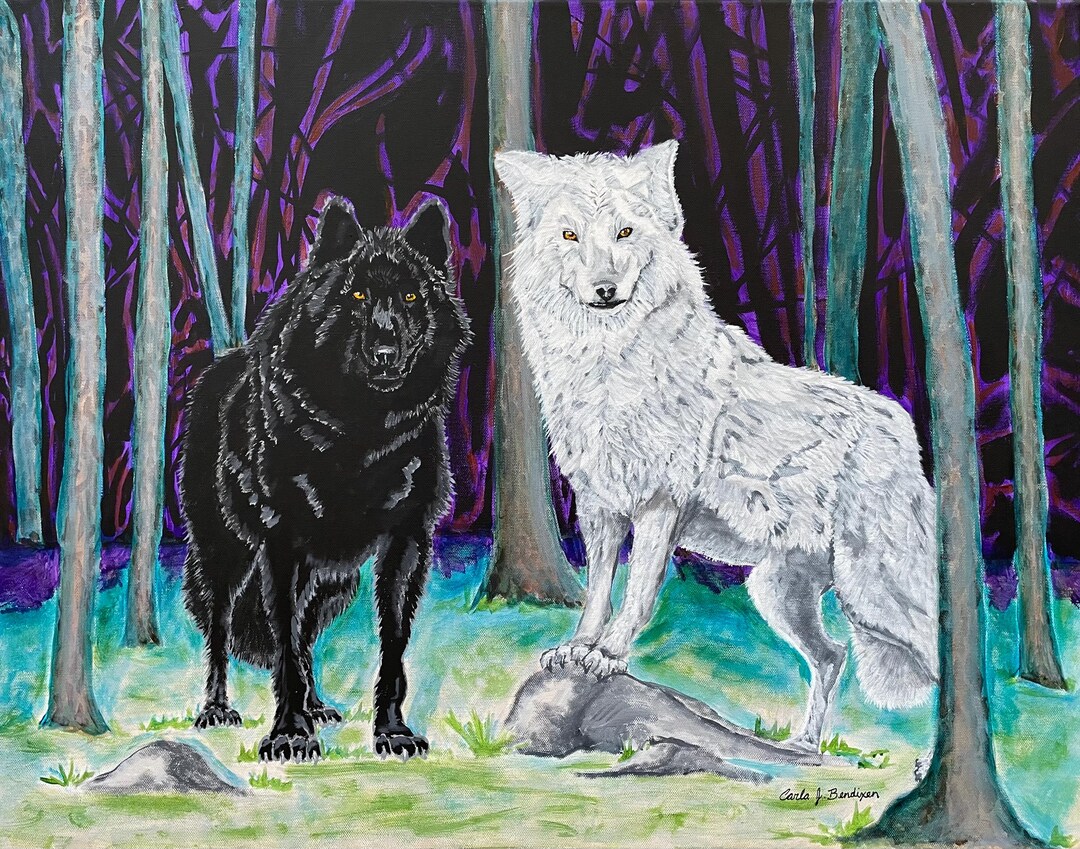 Original Two Wolves Acrylic Painting: Mystical Forest Canvas Art - Etsy