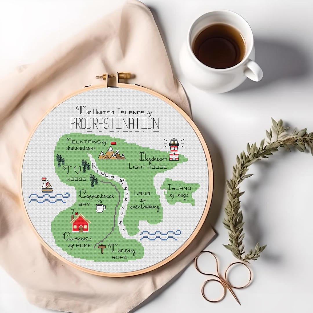 Procrastination Map Cross Stitch Pattern: Funny Island Design (PDF ...
