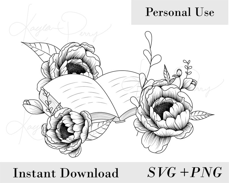 Libro y flores de peonía SVG, archivo PNG - Etsy México