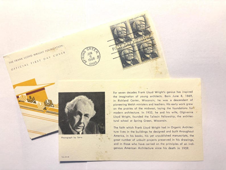 Frank Lloyd Wright Stamps First Day Cover, Taliesin Envelope, June 8 ...