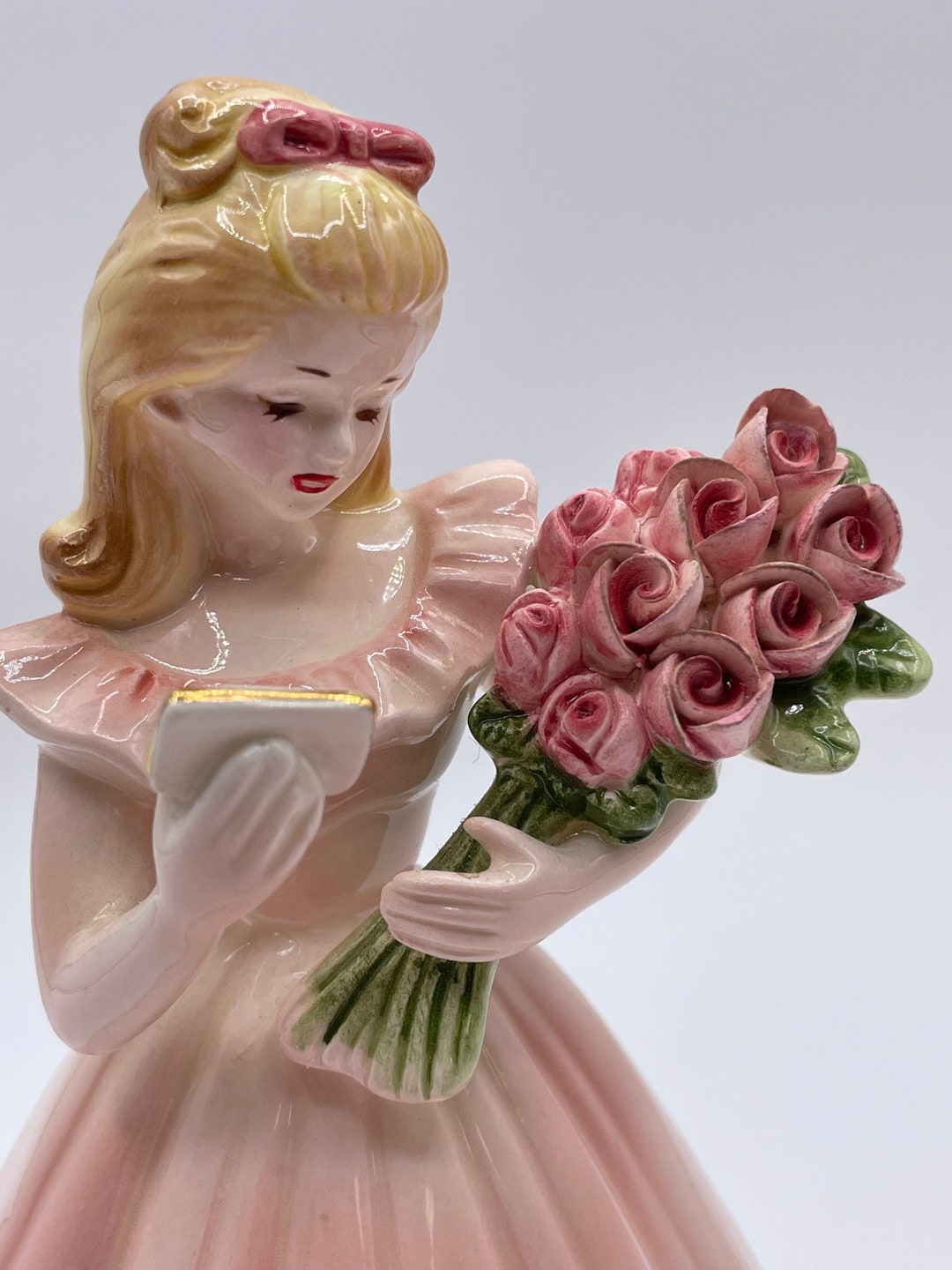 Vintage Josef Originals Lady in Pink Holding Bouquet of Roses Figurine ...