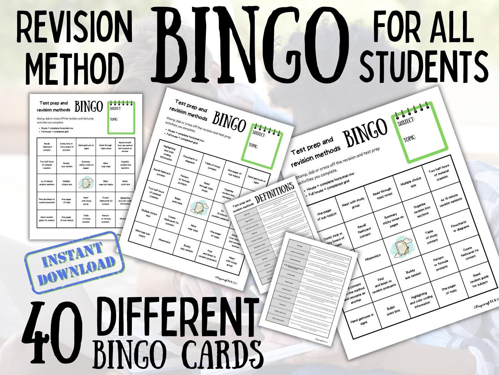 Revision and Test Prep Printable Bingo Cards | 20+ Study Methods | Any ...