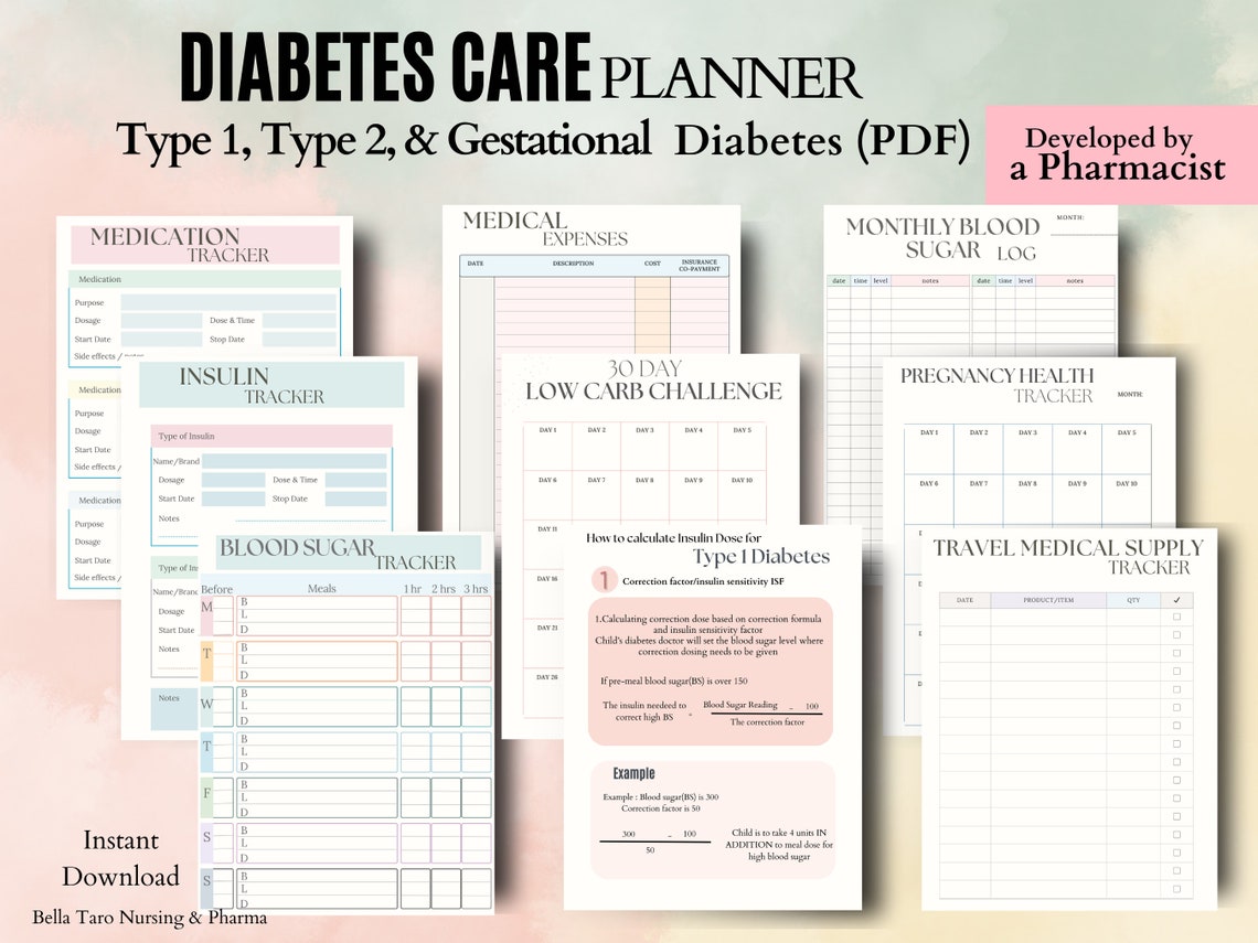 Diabetes Care Planner Printable, Blood Sugar Tracker, Medical Log ...