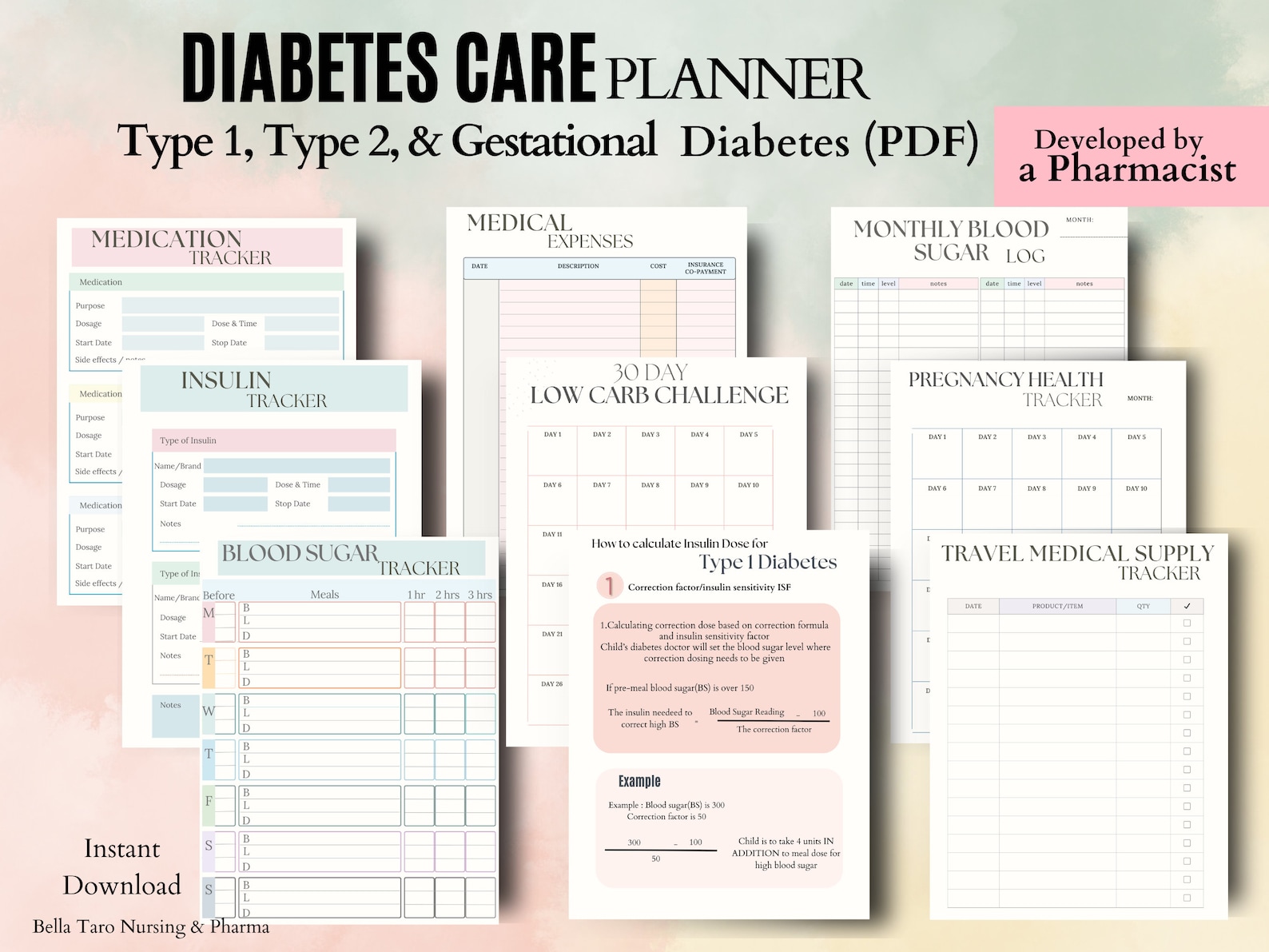 Diabetes Care Planner Printable, Blood Sugar Tracker, Medical Log ...