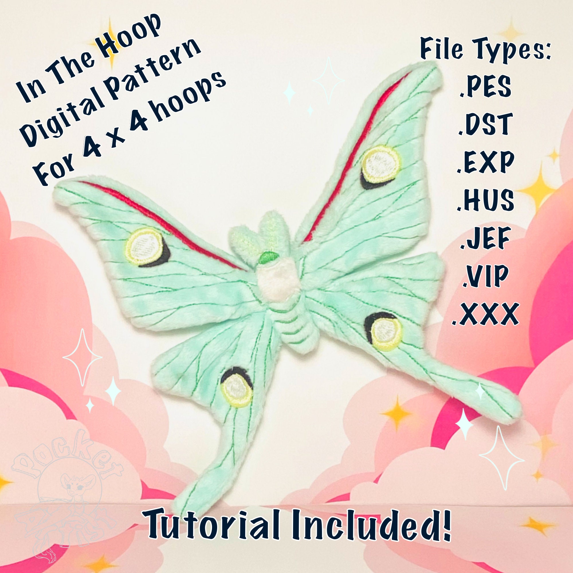 ITH Luna Moth Stuffed Plush Keychain 4x4 Hoop in the Hoop Machine Embroidery Pattern Gift ...
