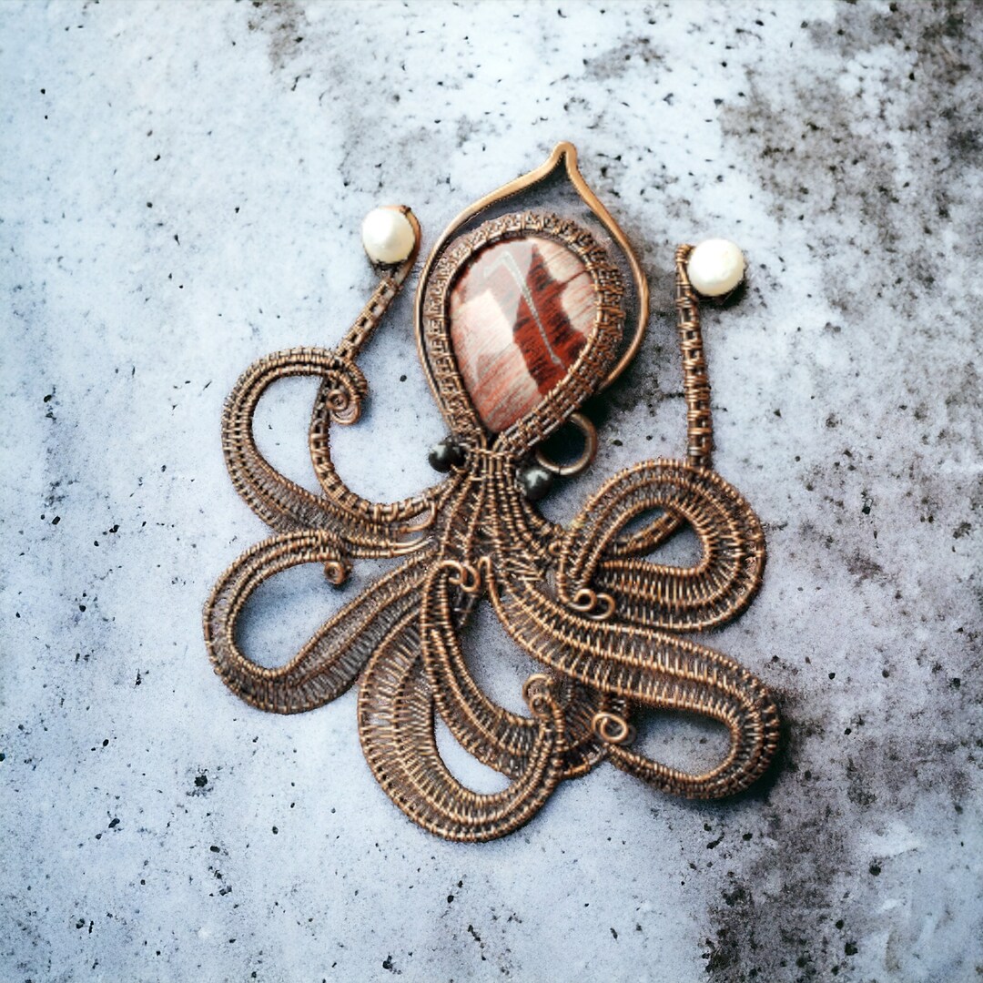 Copper Wire Wrapped Octopus Pendant Set With an Imperial Jasper and ...