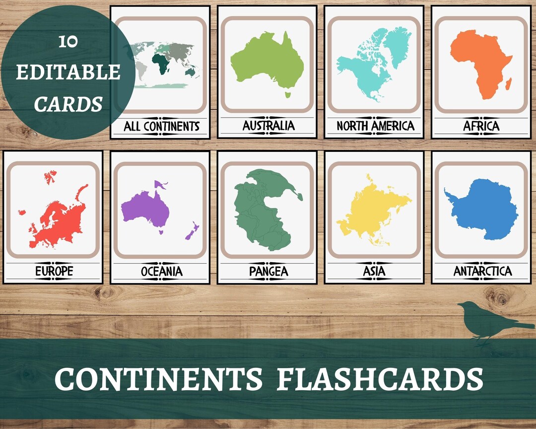 Continents Flash Cards, Geography Geology Print, World Map, Learning ...