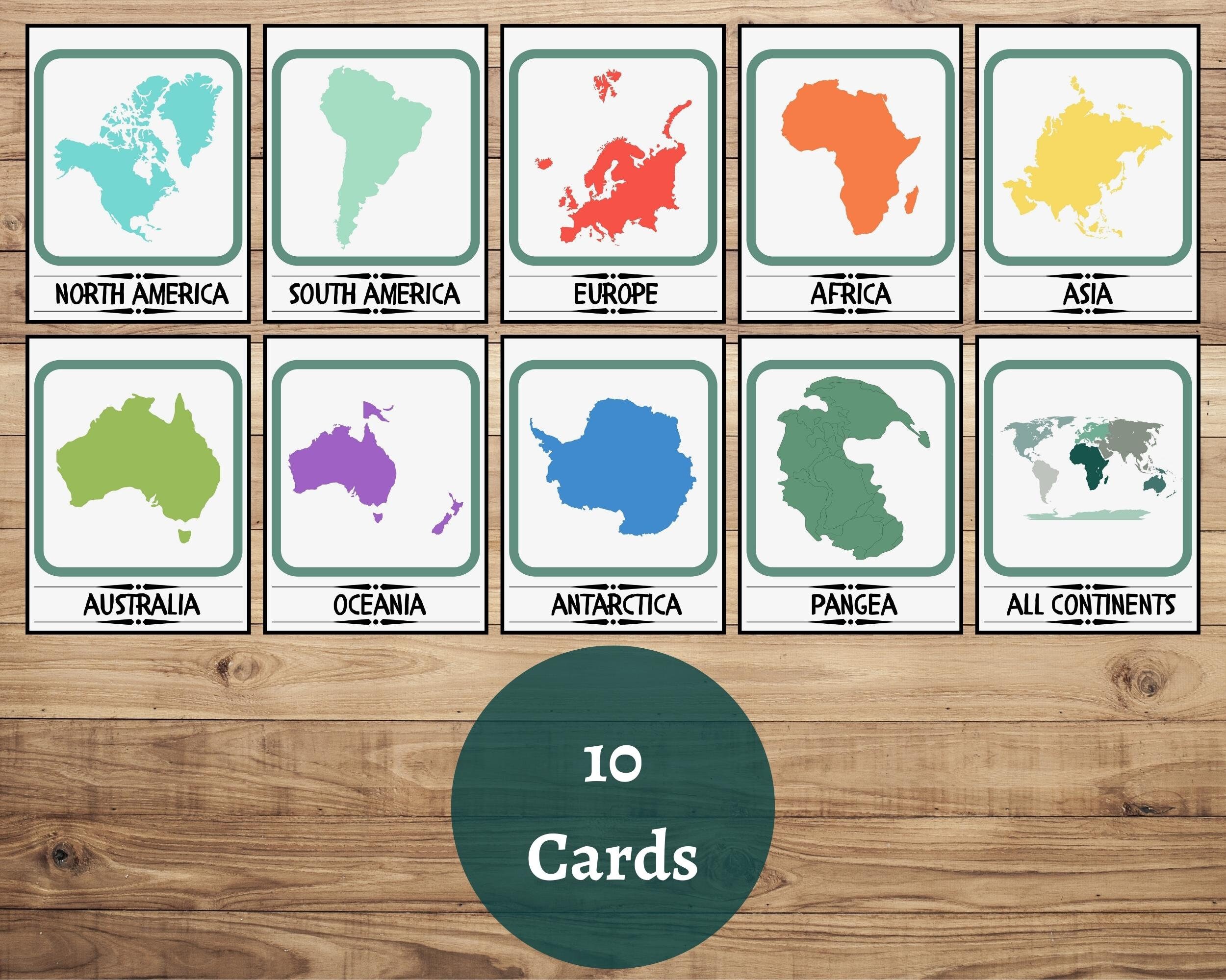 Continents Flash Cards, Geography Geology Print, World Map, Learning ...