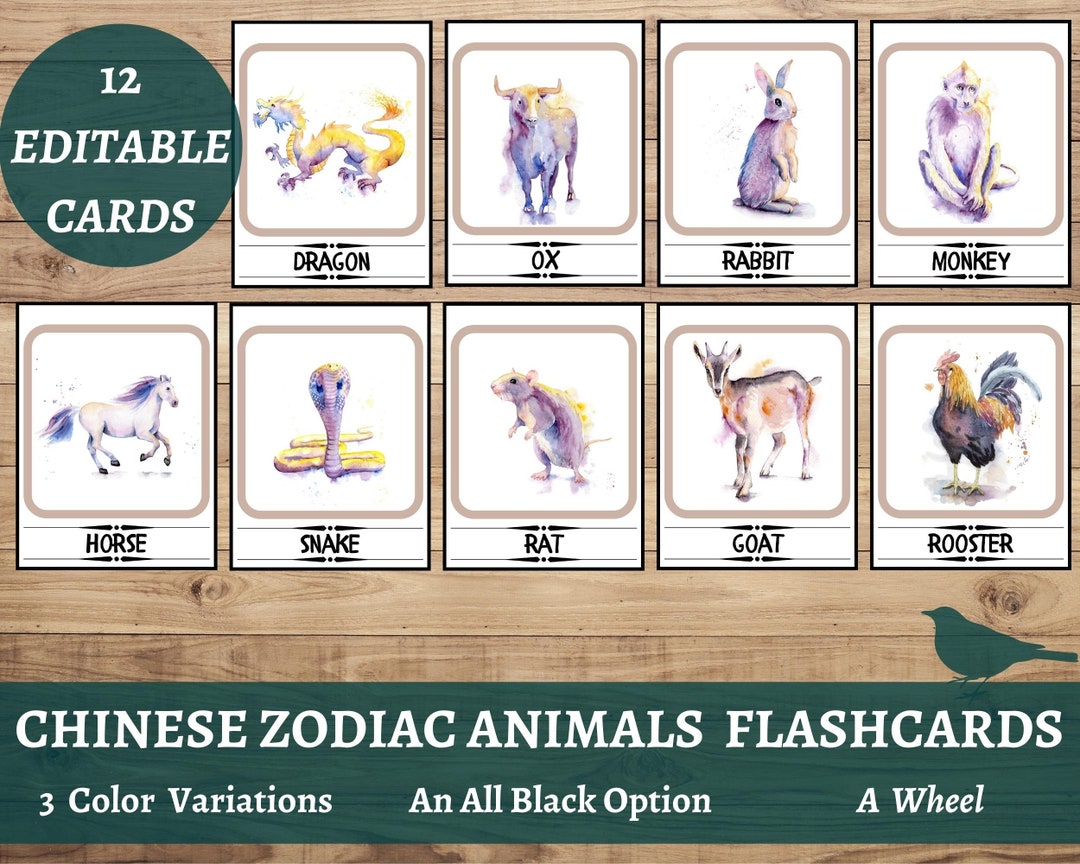 Watercolor Chinese Zodiac Animals Flashcards, Lunar New Year Montessori ...