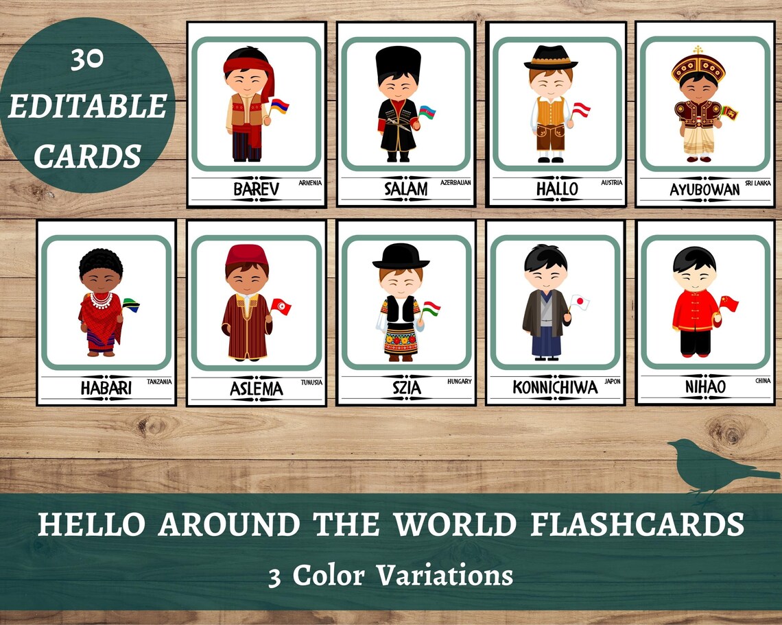 Hello Around the World Flag Flashcards With Kids, Country and Flag ...