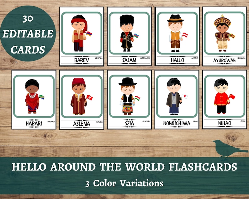 Hello Around the World Flag Flashcards With Kids, Country and Flag ...