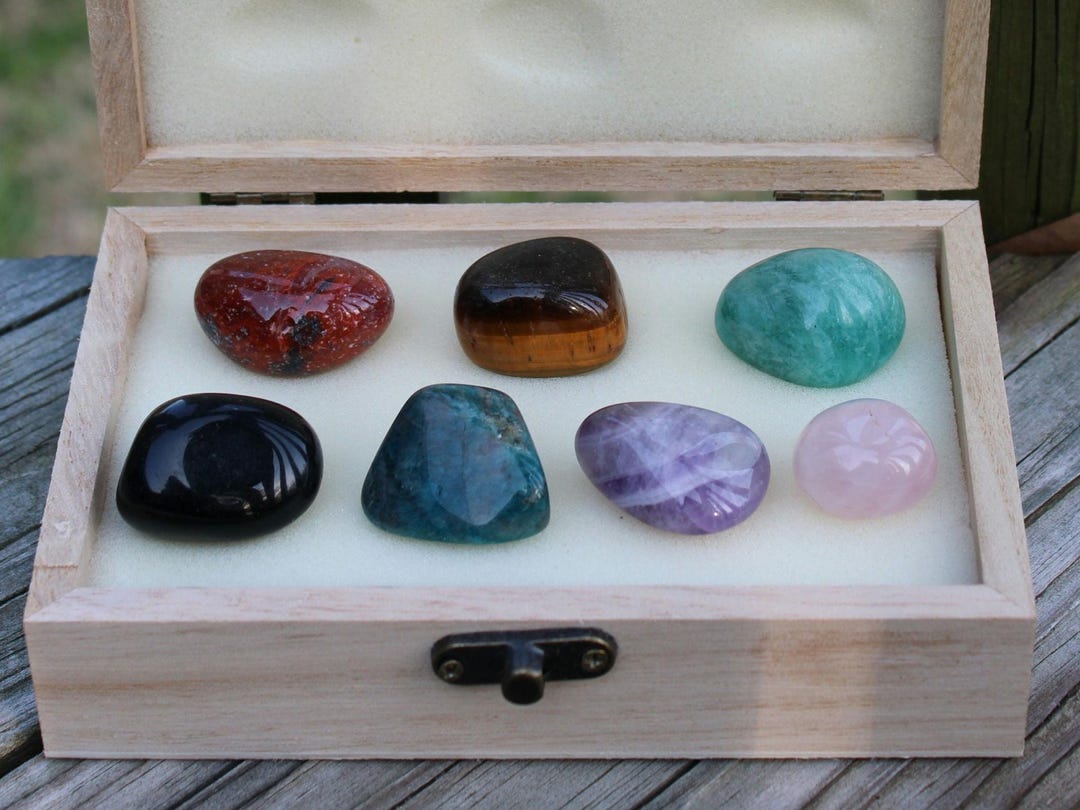 Gemstone Collection Set: 7 Polished Colorful Crystals in Wooden Box - Etsy