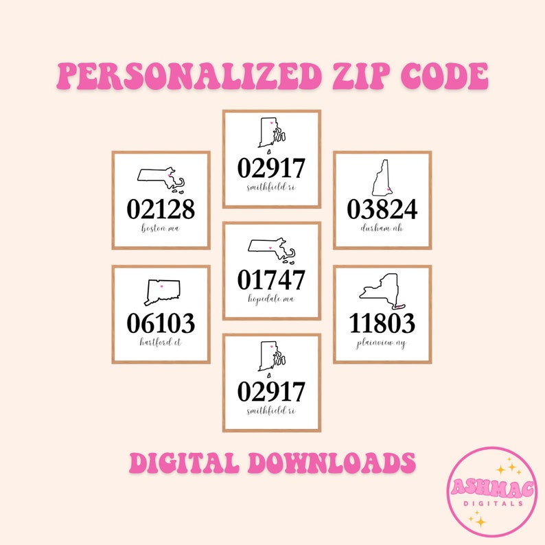 7 Set Custom Hometown Zip Code Wall Prints - Personalized Digital Art ...