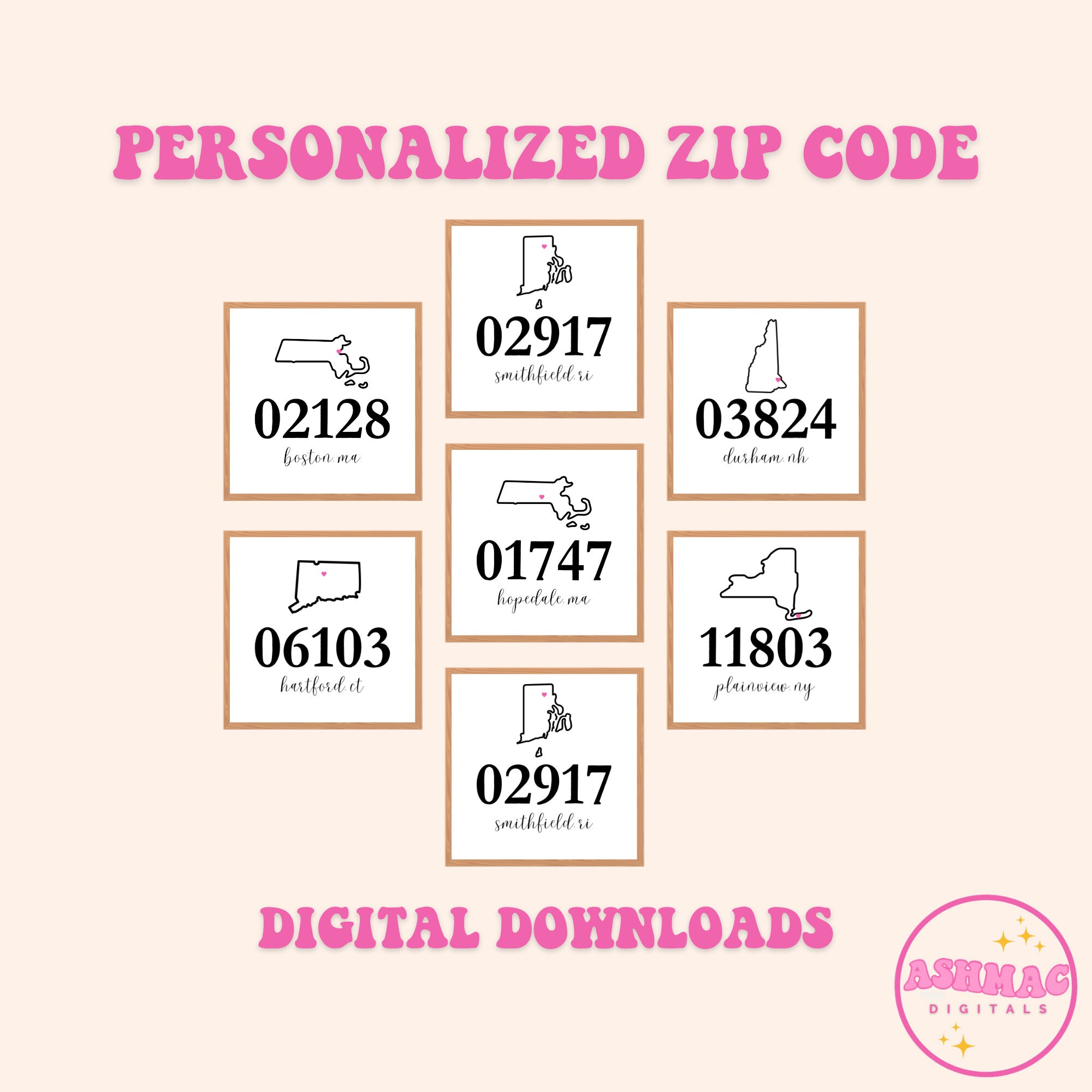 7 Set Custom Hometown Zip Code Wall Prints - Personalized Digital Art ...