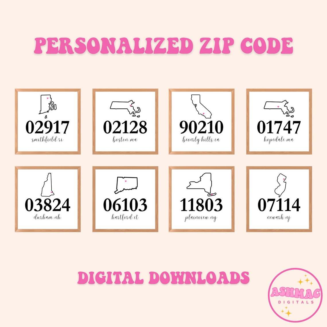 8 Set Custom Hometown Zip Code Wall Prints - Personalized Digital Art ...